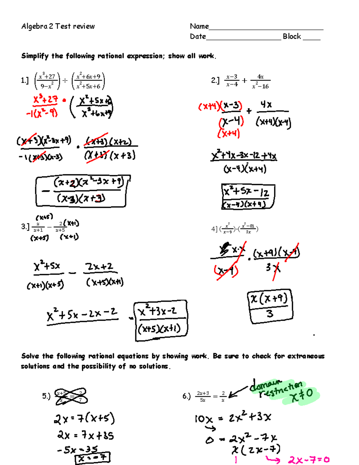 Algebra 2 Unit 7 Test Review and Answer Key - Studocu