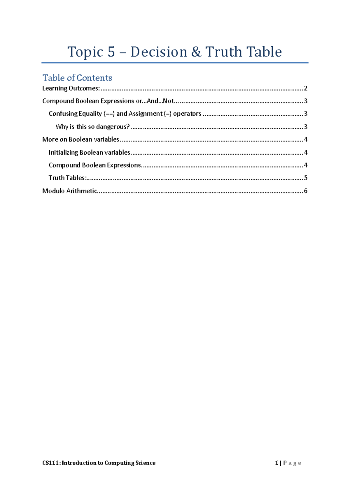 CS111: Final Exam Notes on Decision Making & Truth Tables - Topic 5 ...