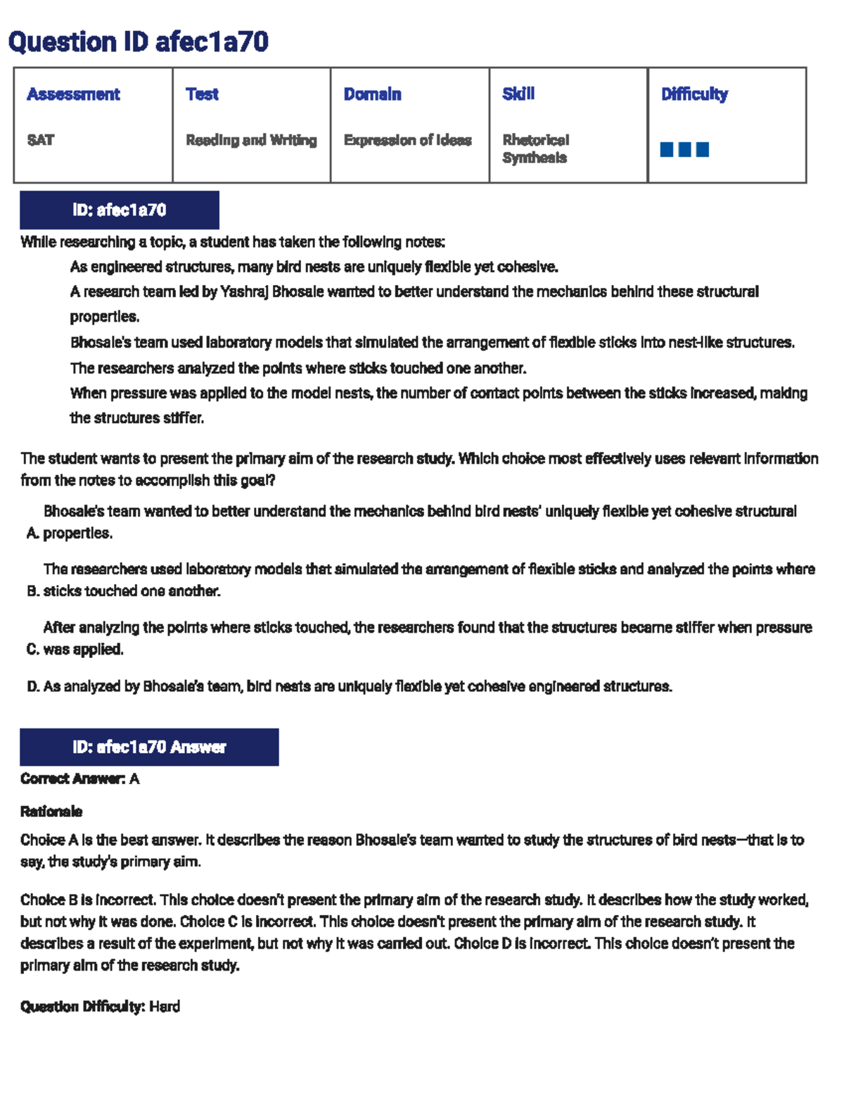 Assessment Test Domain Skill Difficulty SAT Reading and Writing ...