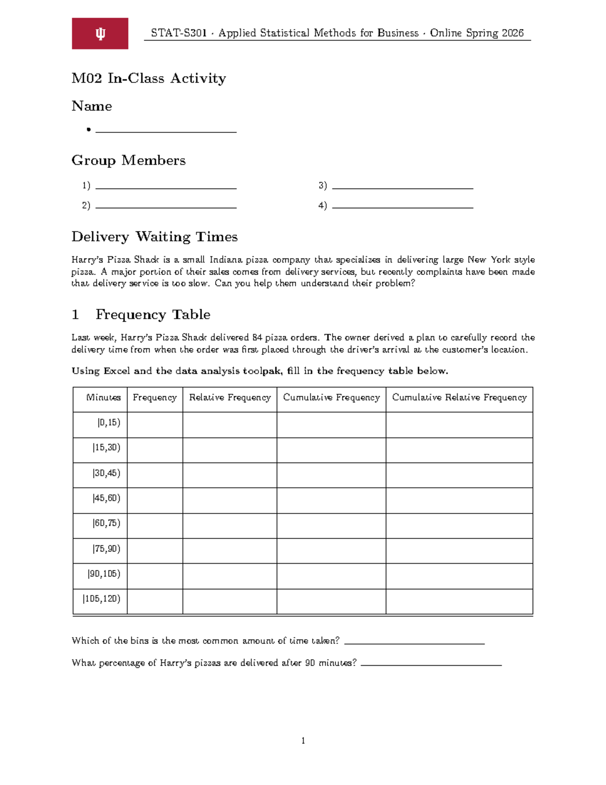 M02 Activity: Analyzing Delivery Times for Pizza Shack - Studocu
