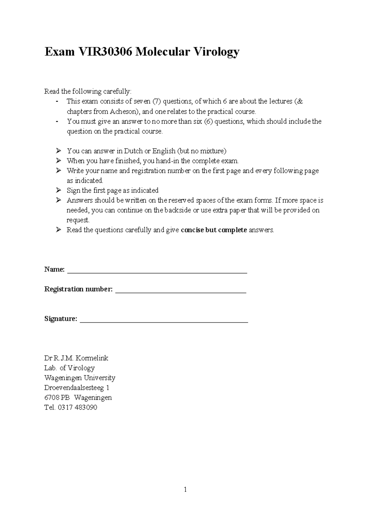 VIR30306-Molecular Virology Sample Exam - 7 Questions Overview ...