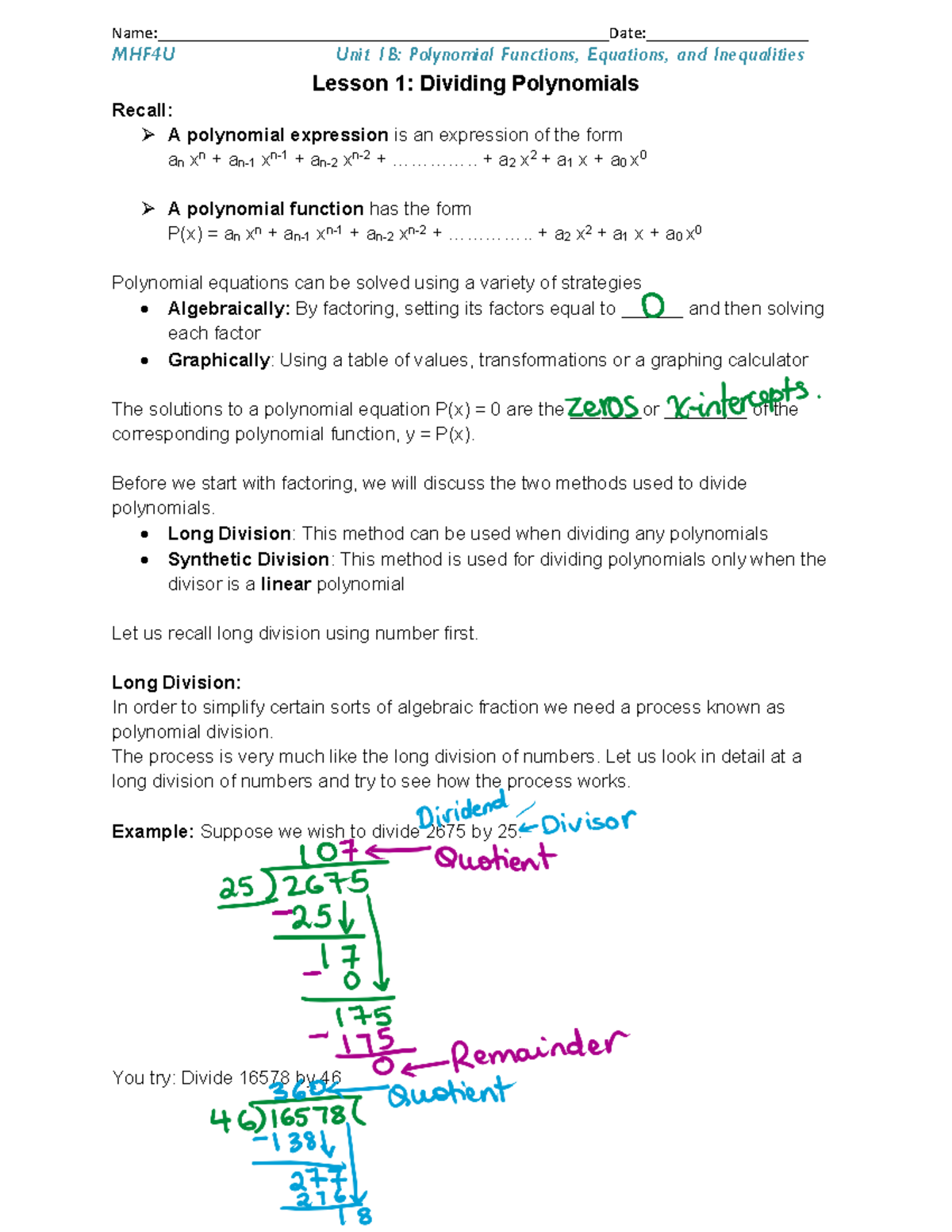 MHF4U Unit 1B: Lesson 1 Notes on Dividing Polynomials - Studocu