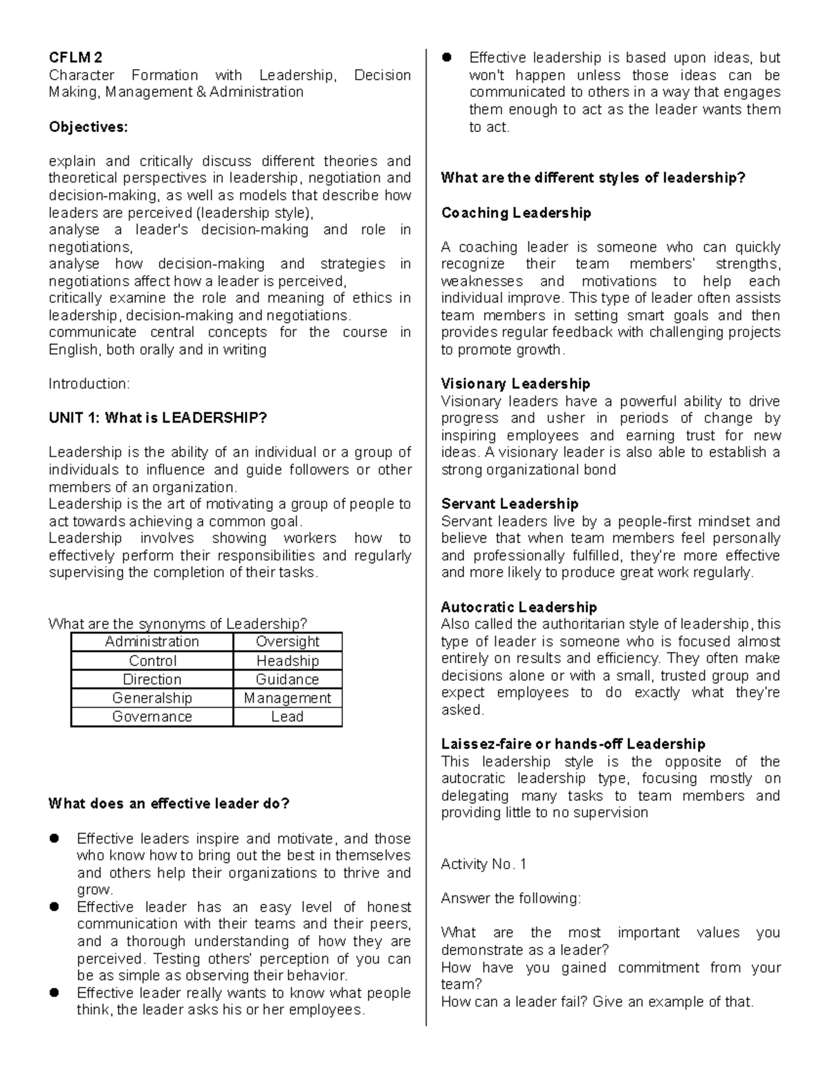 CFLM 2: Leadership, Decision Making, Management & Administration Study ...