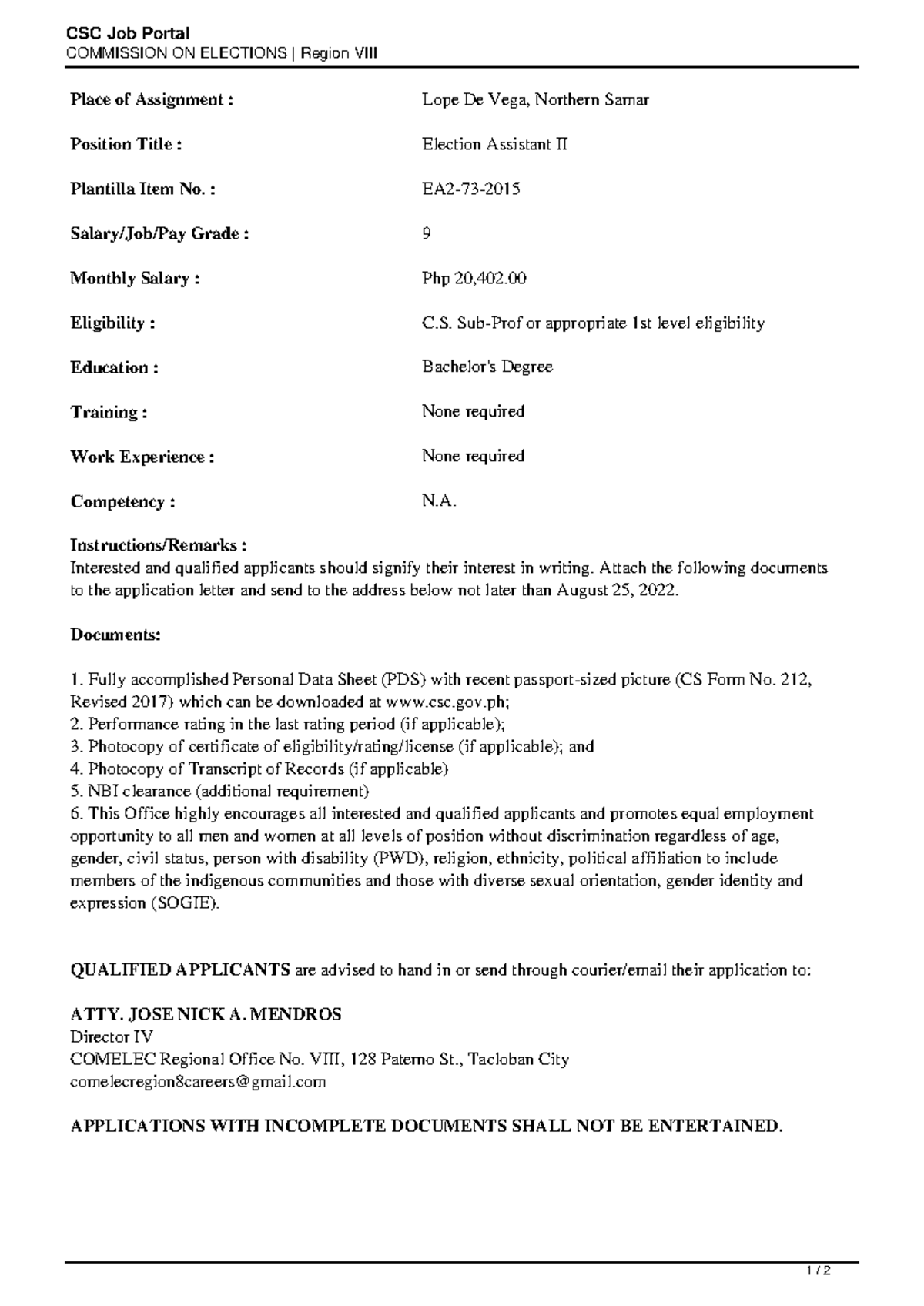 Commission on Elections Job Posting: Election Assistant II EA2-73 - Studocu
