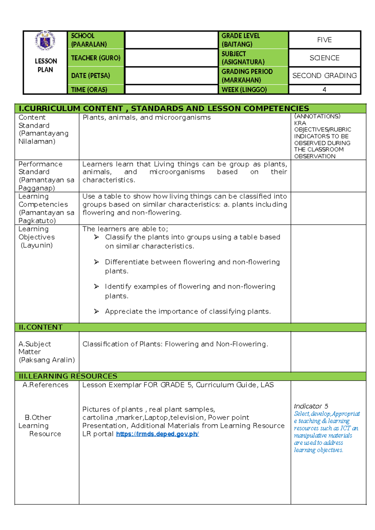 DLP-SCI-5 Lesson Plan: Classifying Flowering & Non-Flowering Plants ...