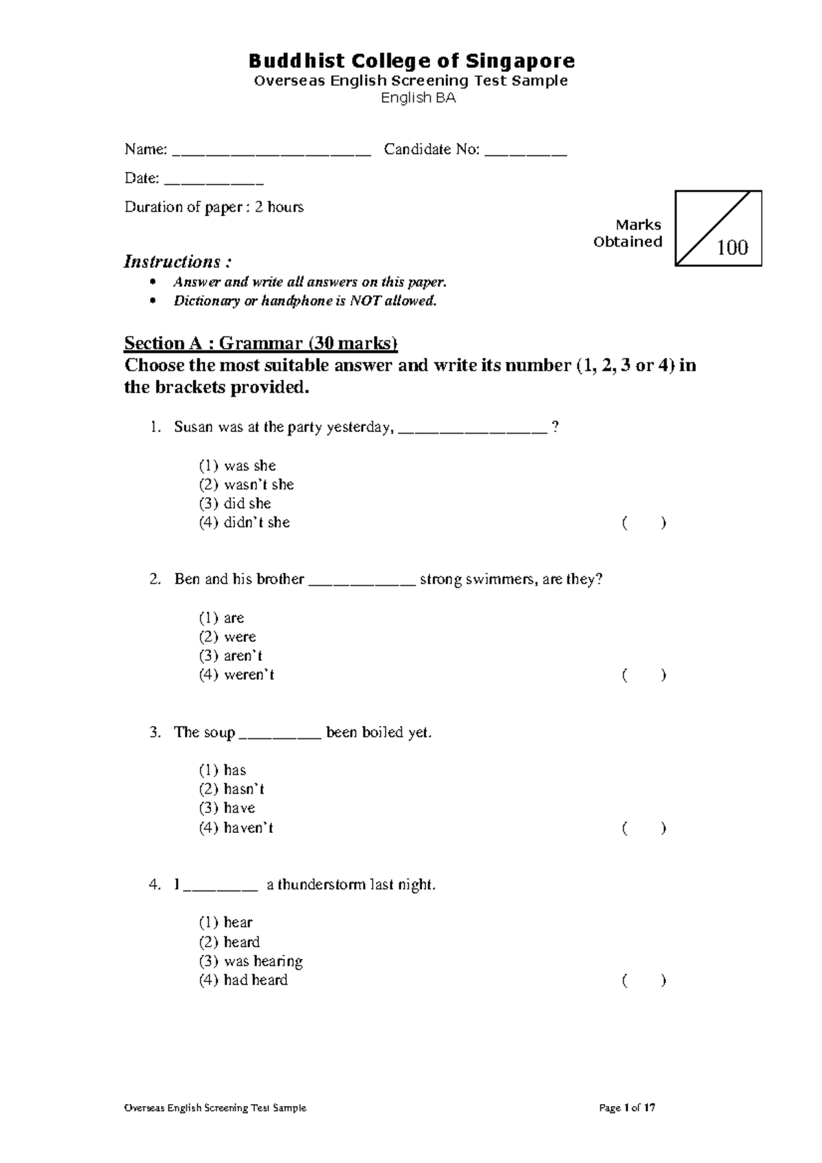 English BA Overseas English Screening Test Sample Document - Studocu