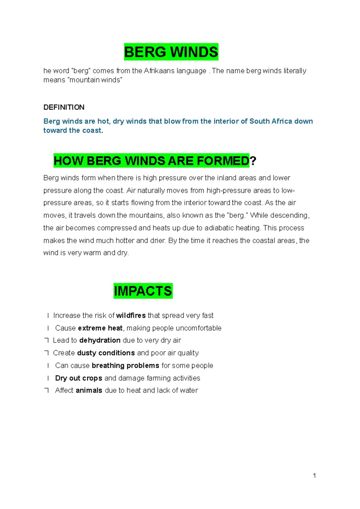 Berg Winds: Formation, Impacts, and Effects on South Africa - Studocu