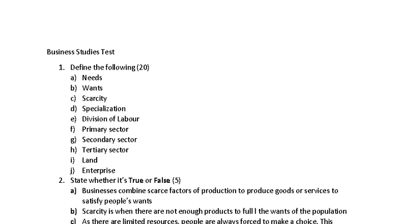 Business Studies Test 1: Key Concepts and Definitions - Studocu