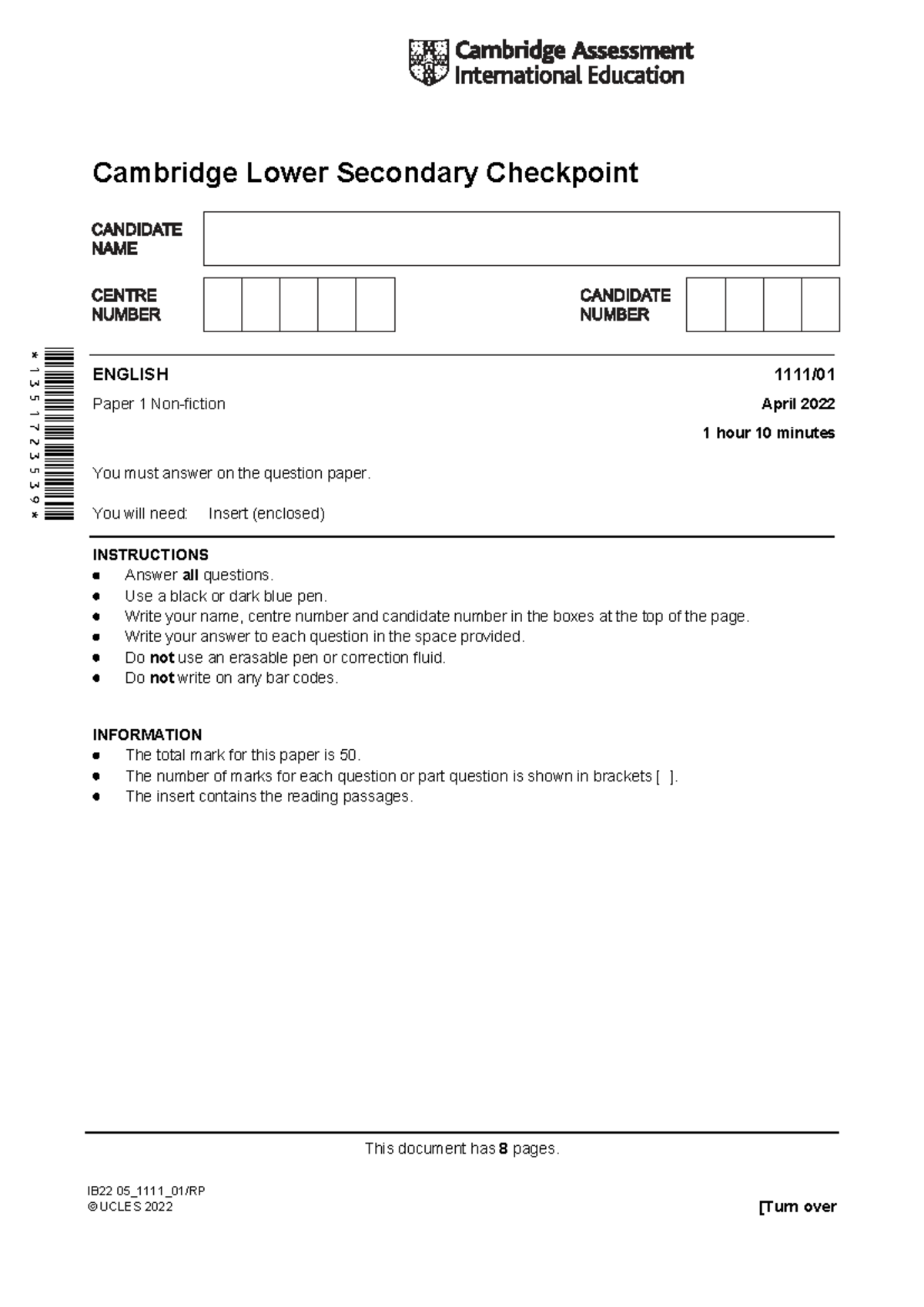 Cambridge Lower Secondary Checkpoint ENGLISH Paper 1 - April 2022 - Studocu