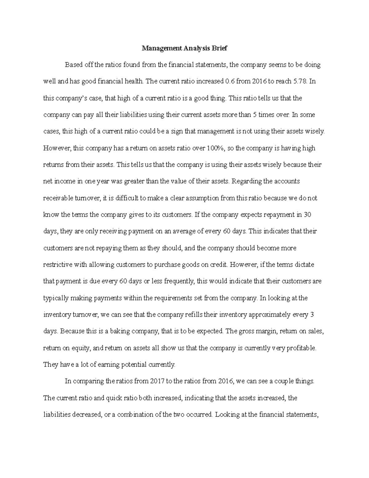 ACC 308 Final Management Analysis Memo: Insights & Financial Ratios ...