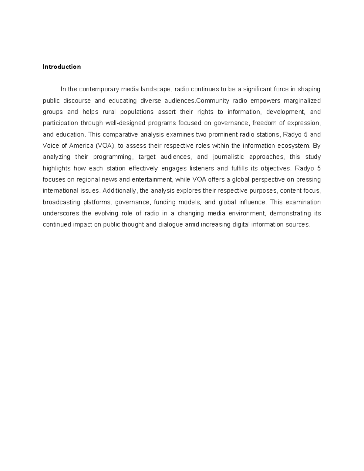 Comparative Study of Radyo 5 and VOA: Media Influence Analysis - Studocu