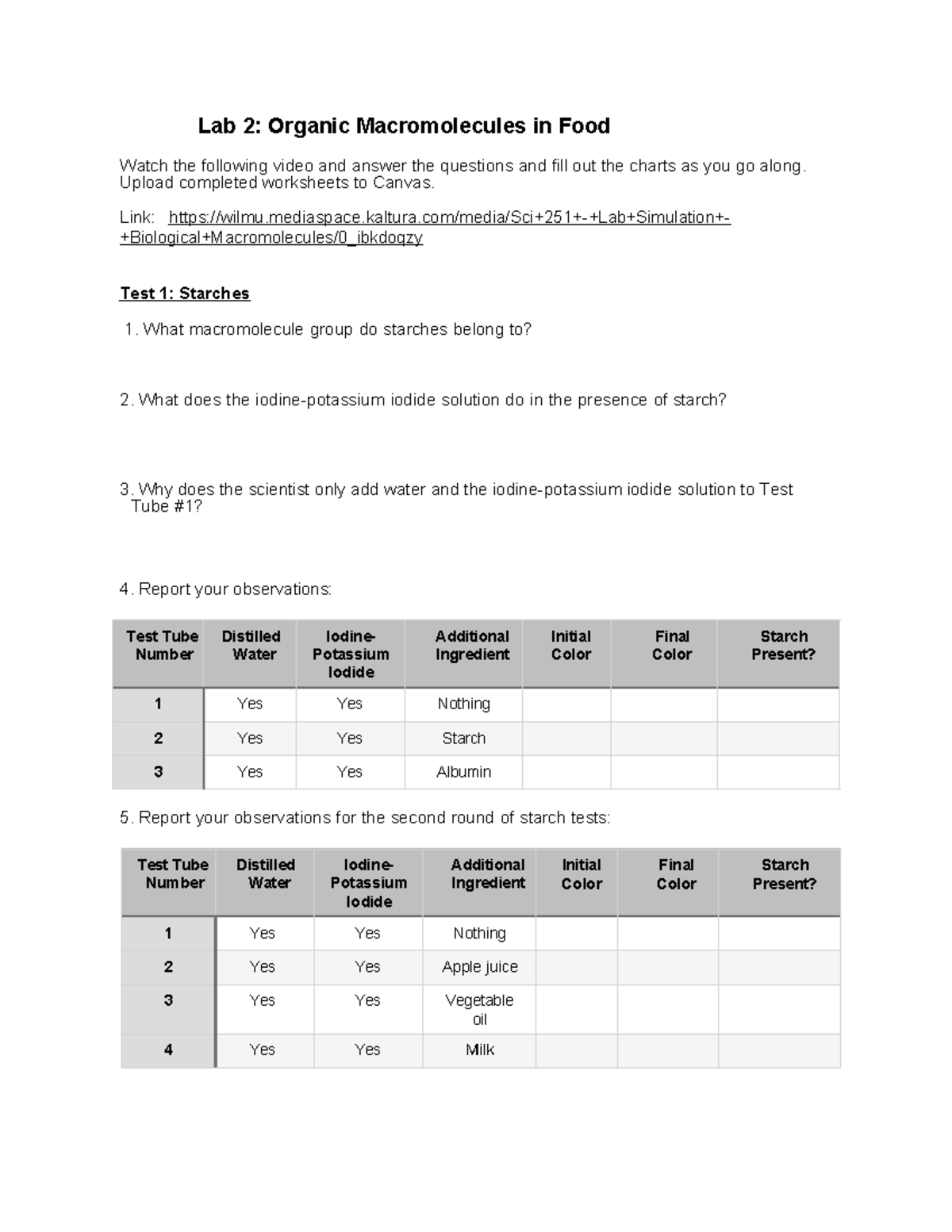Lab 2: Organic Macromolecules in Food - Starch & Protein Tests - Studocu