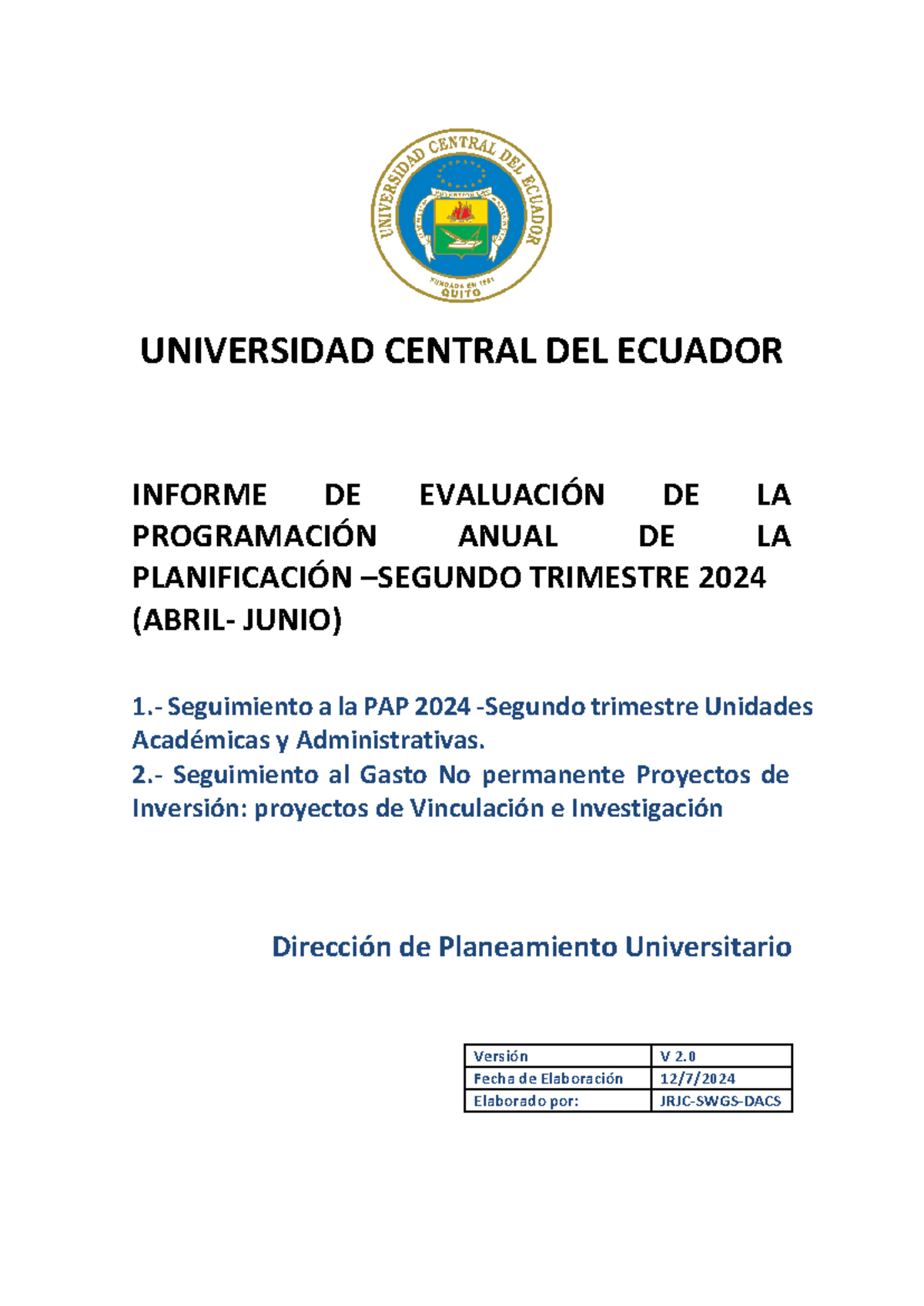 Informe de Evaluación de la Planificación PAP 2024 - UCE - Segundo ...