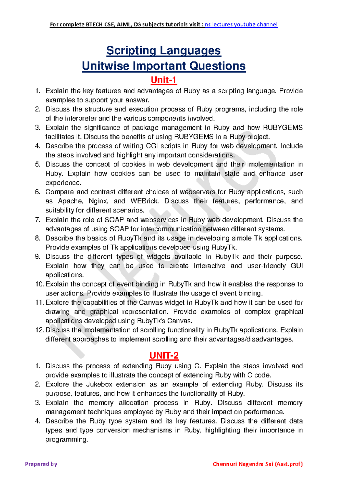 Scripting Languages: Unitwise Important Questions for CS101 - Studocu