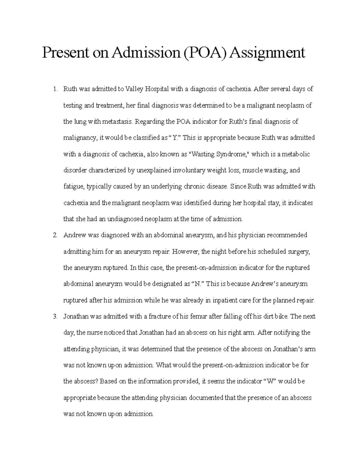 Present on Admission (POA) Assignment 1: Case Analysis - Studocu