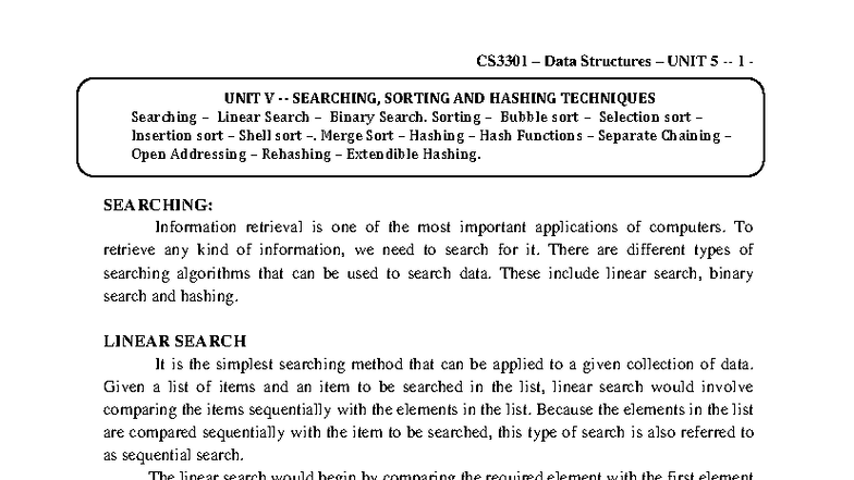 CS3301 Data Structures UNIT 5: Searching, Sorting & Hashing Techniques ...