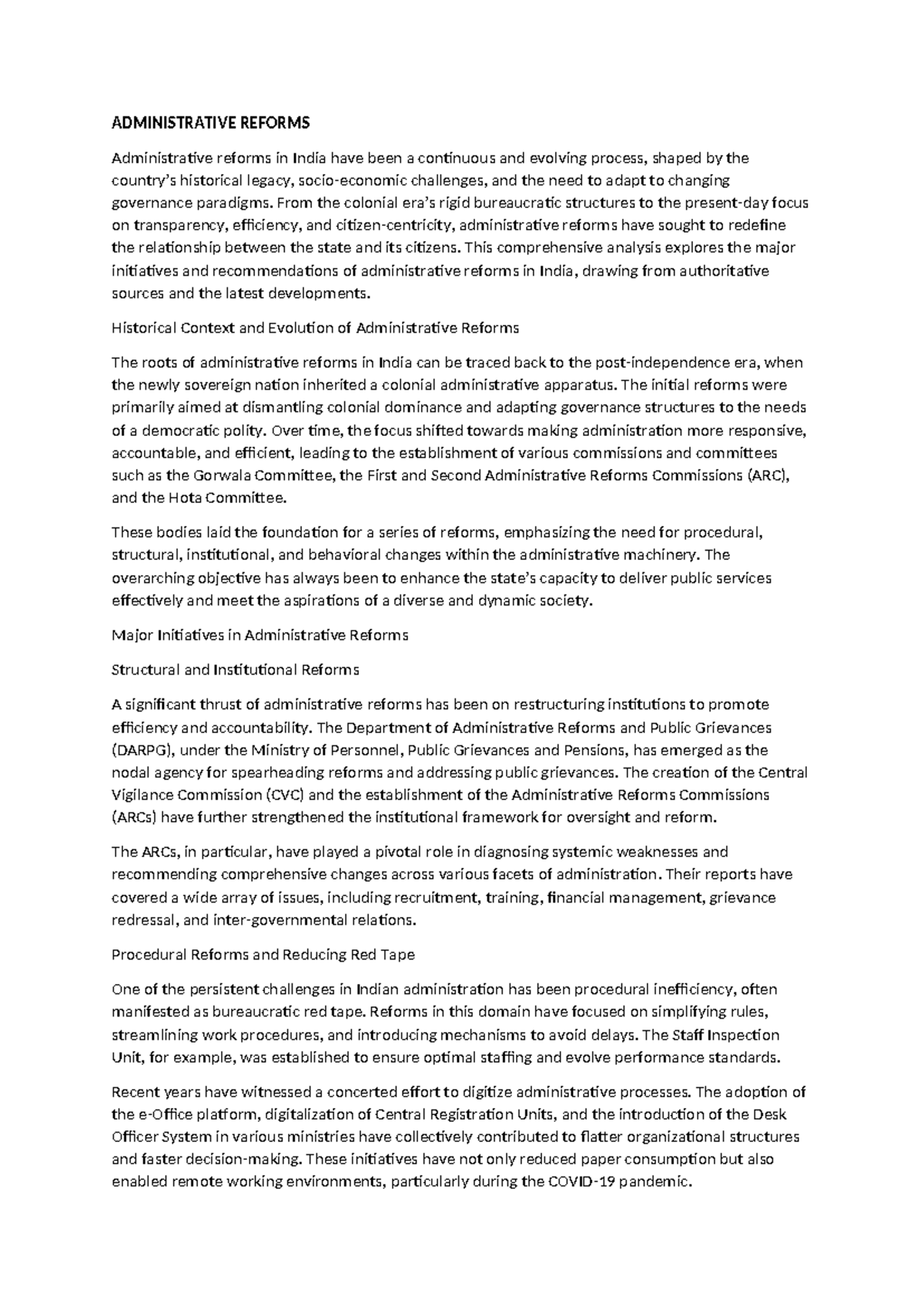 ADMINISTRATIVE REFORMS IN INDIA: A COMPREHENSIVE ANALYSIS - Studocu