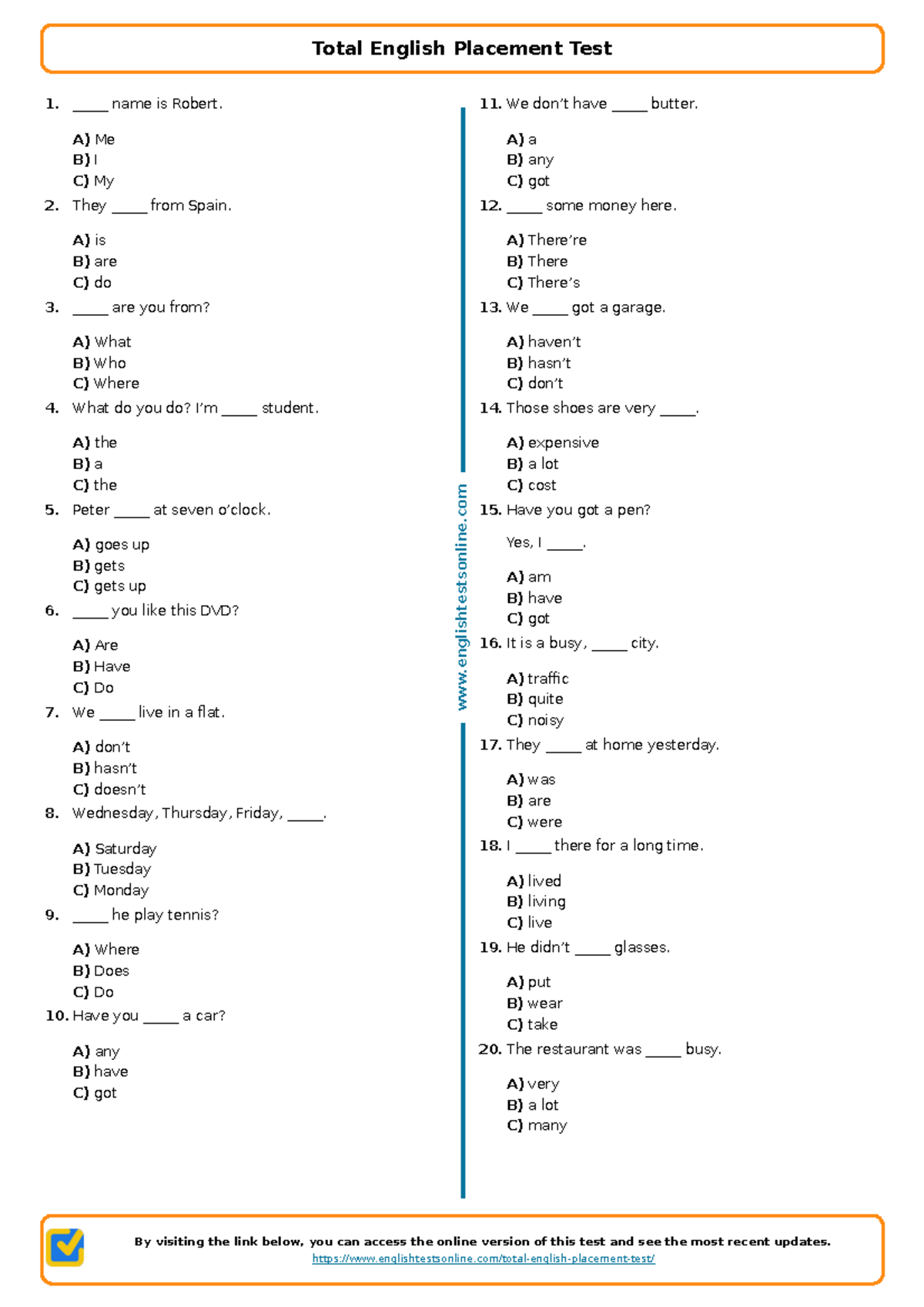 Total English Placement Test 1: Practice Questions and Answers - Studocu