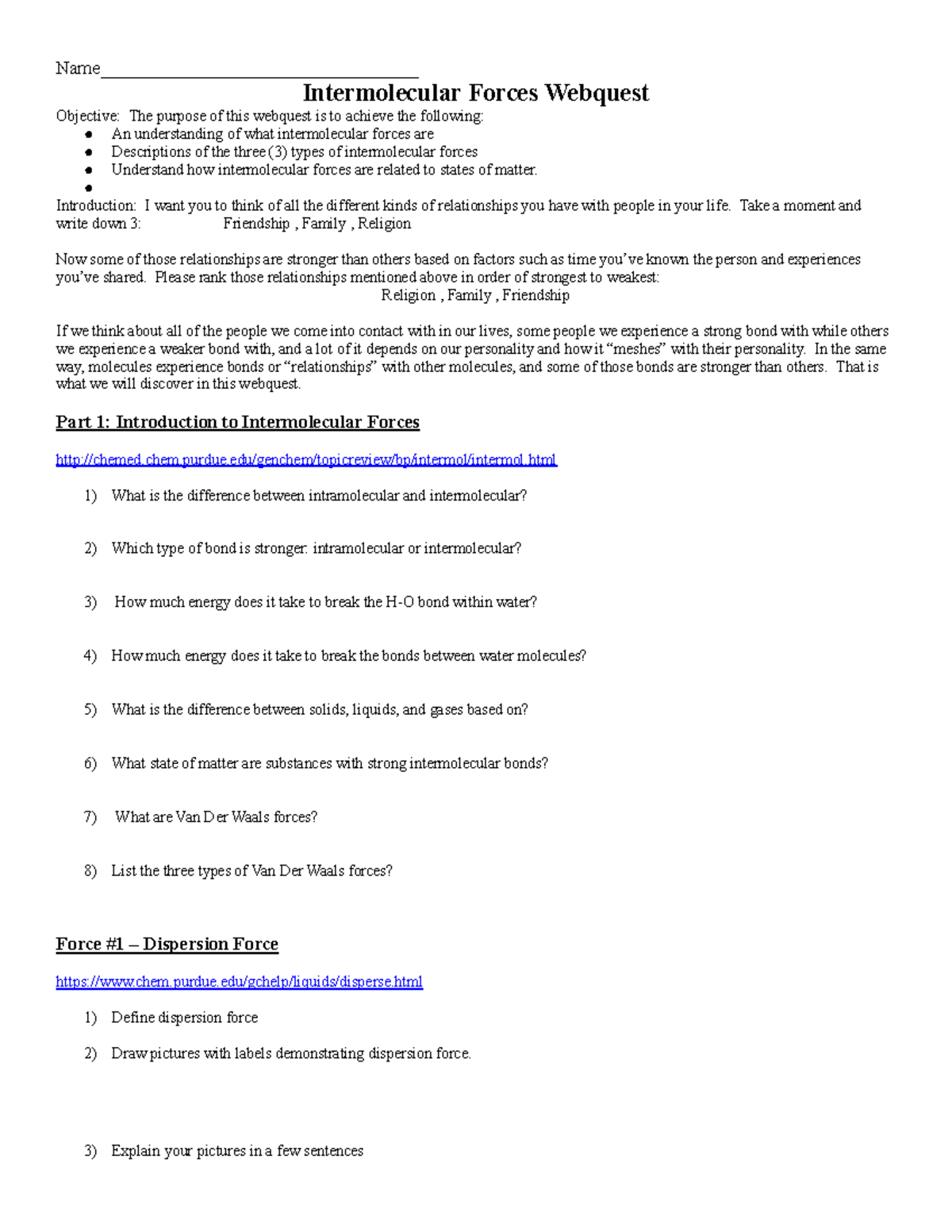 Intermolecular Forces Webquest - 13765284 - Studocu