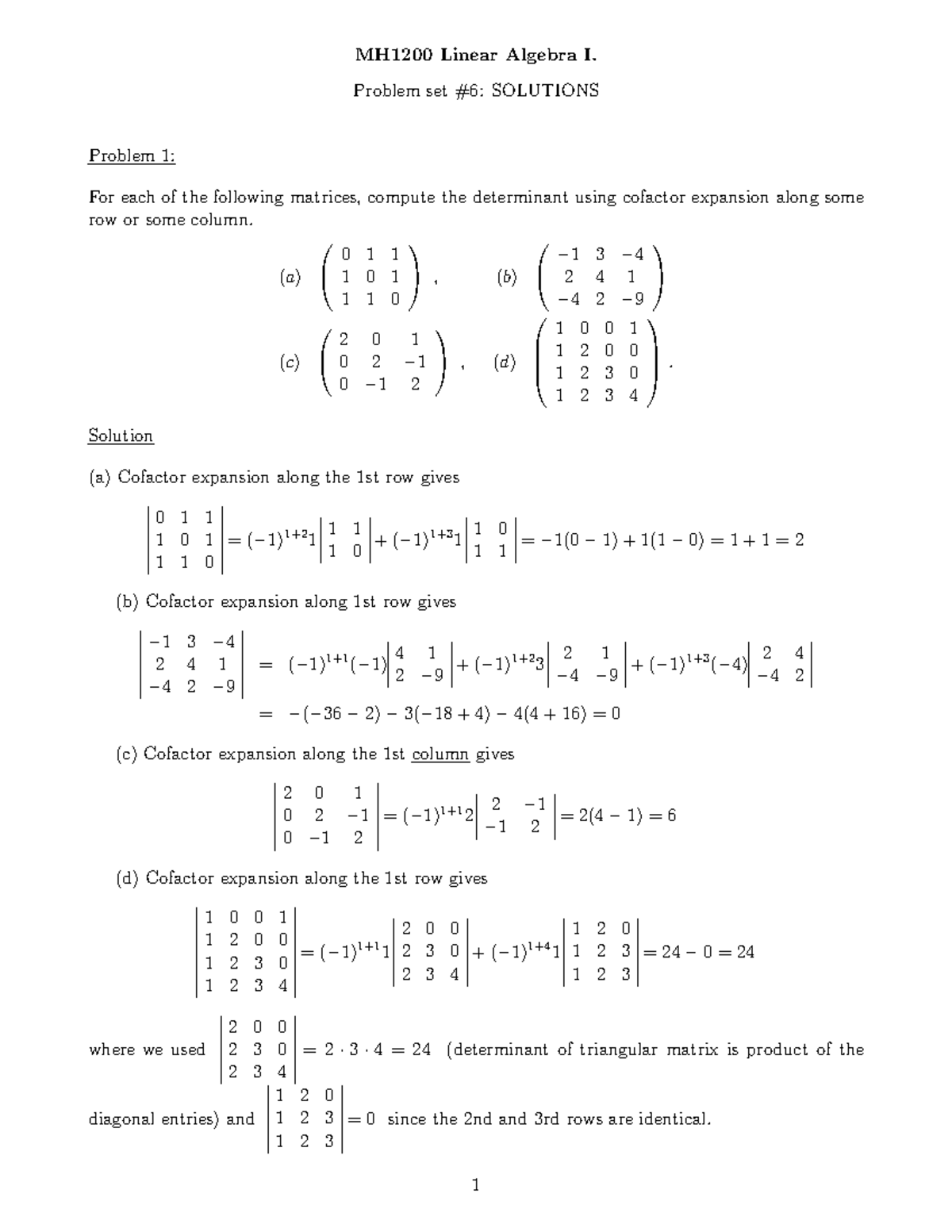 MH1200 Linear Algebra I: Problem Set 6 Solutions - Studocu
