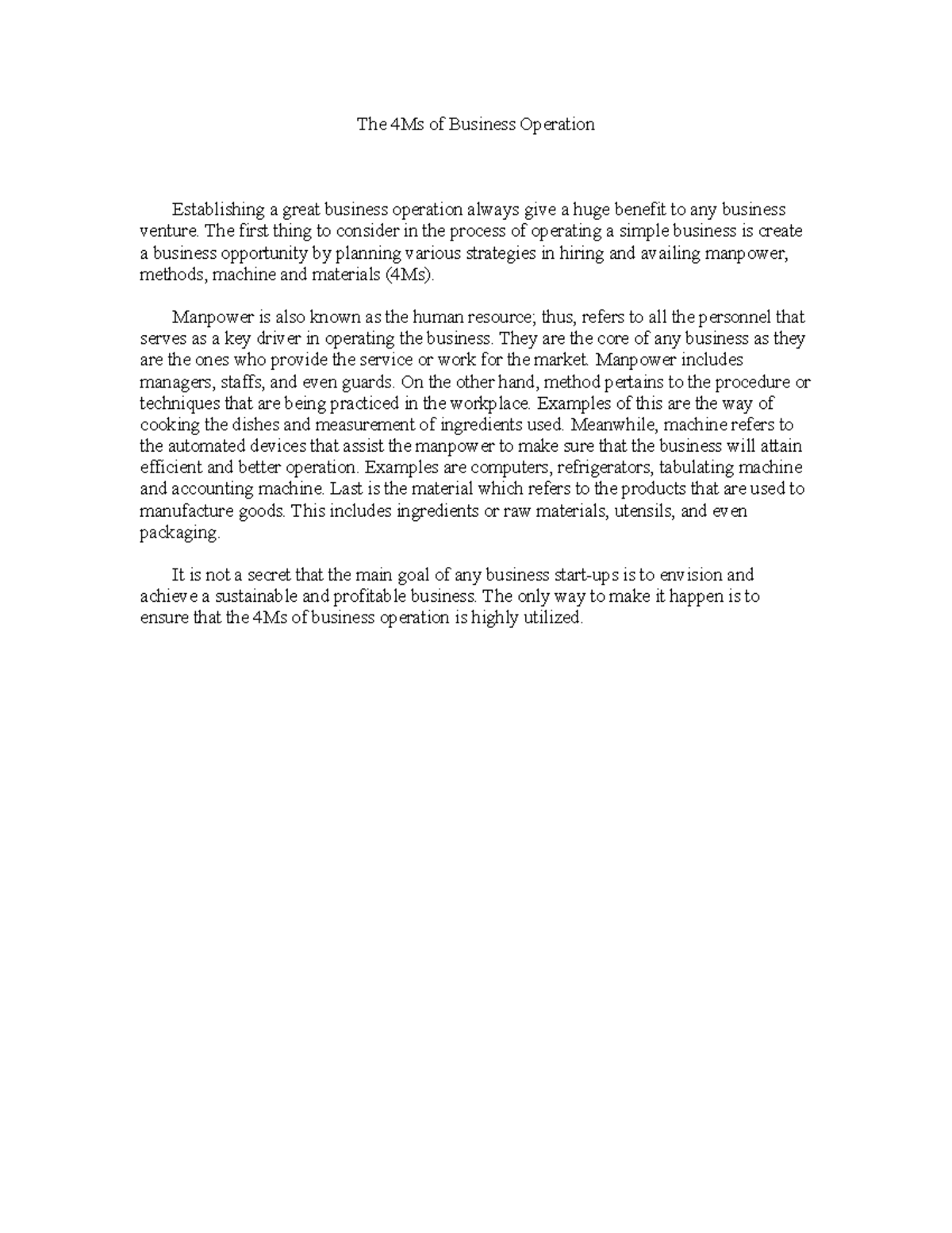 The 4Ms of Business Operation - The 4Ms of Business Operation ...