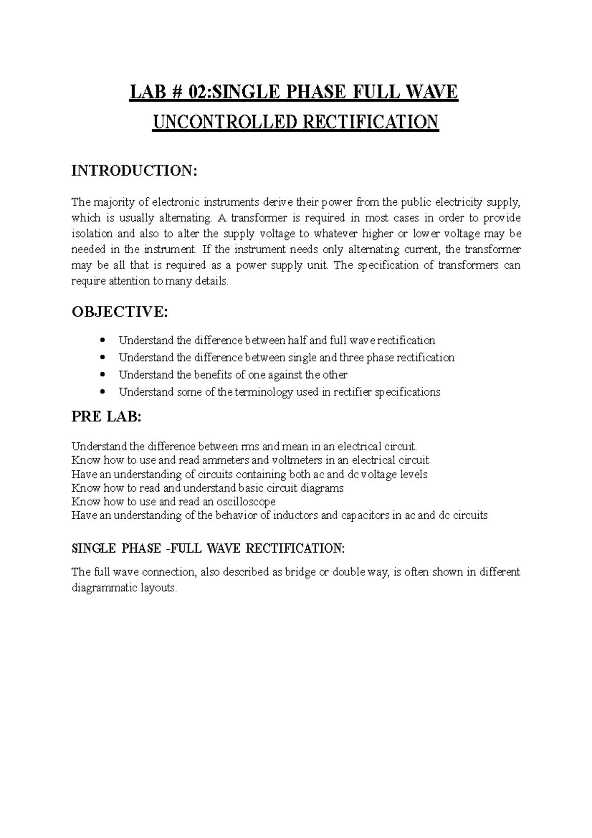 LAB 02 - Single Phase Full Wave Rectification Lab Report - Studocu