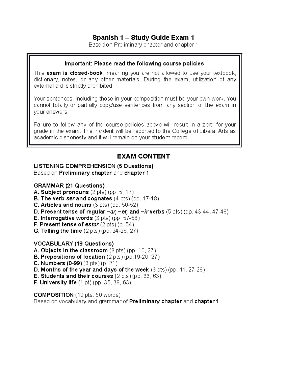 Spanish 1: Exam 1 Study Guide with Complete Answers - Studocu