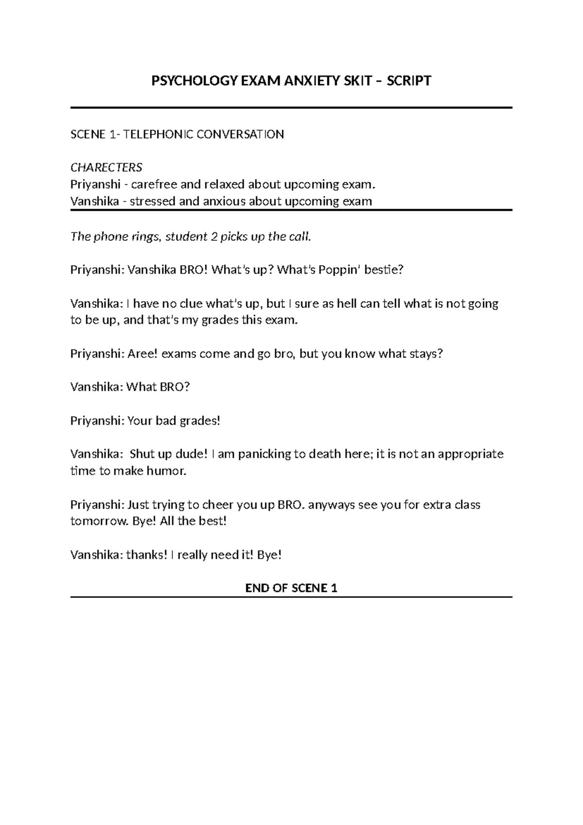 PSY 101: Exam Anxiety Skit Script for Psychology Class - Studocu