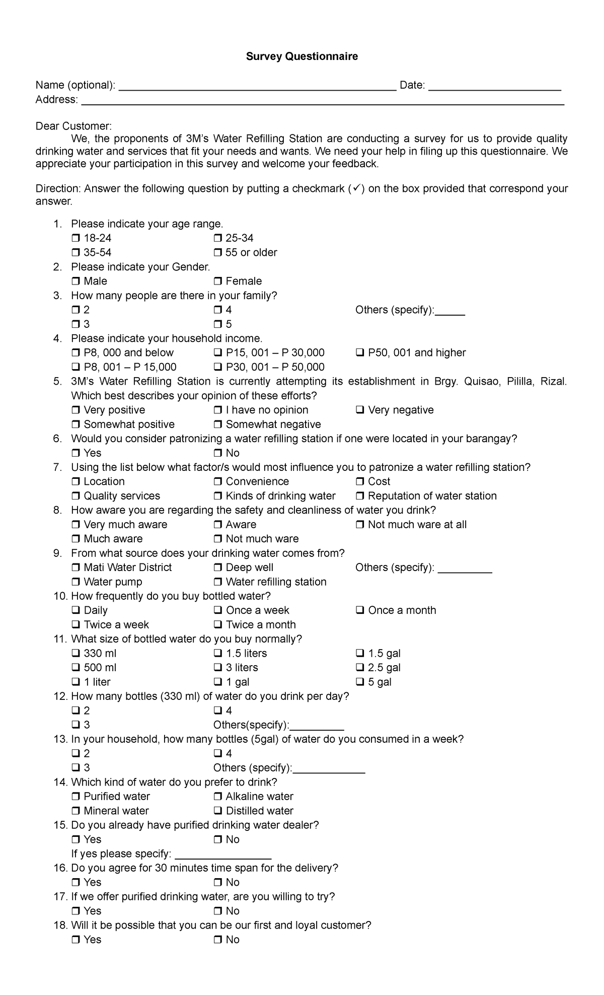 Survey Questionnaire for 3M's Water Refilling Station - hlpfl - Studocu
