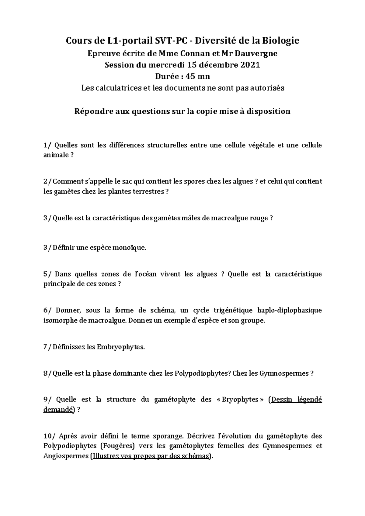 UE Diversité Bio - Epreuve Écrite 2021-22 de Mme Connan et Mr Dauvergne ...