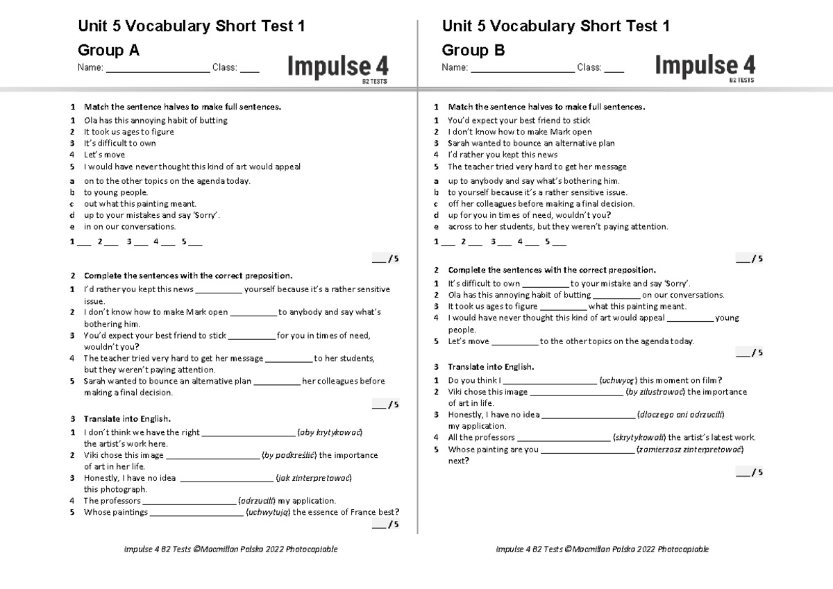 Unit 5 Vocabulary Short Test 1: Groups A & B - Studocu