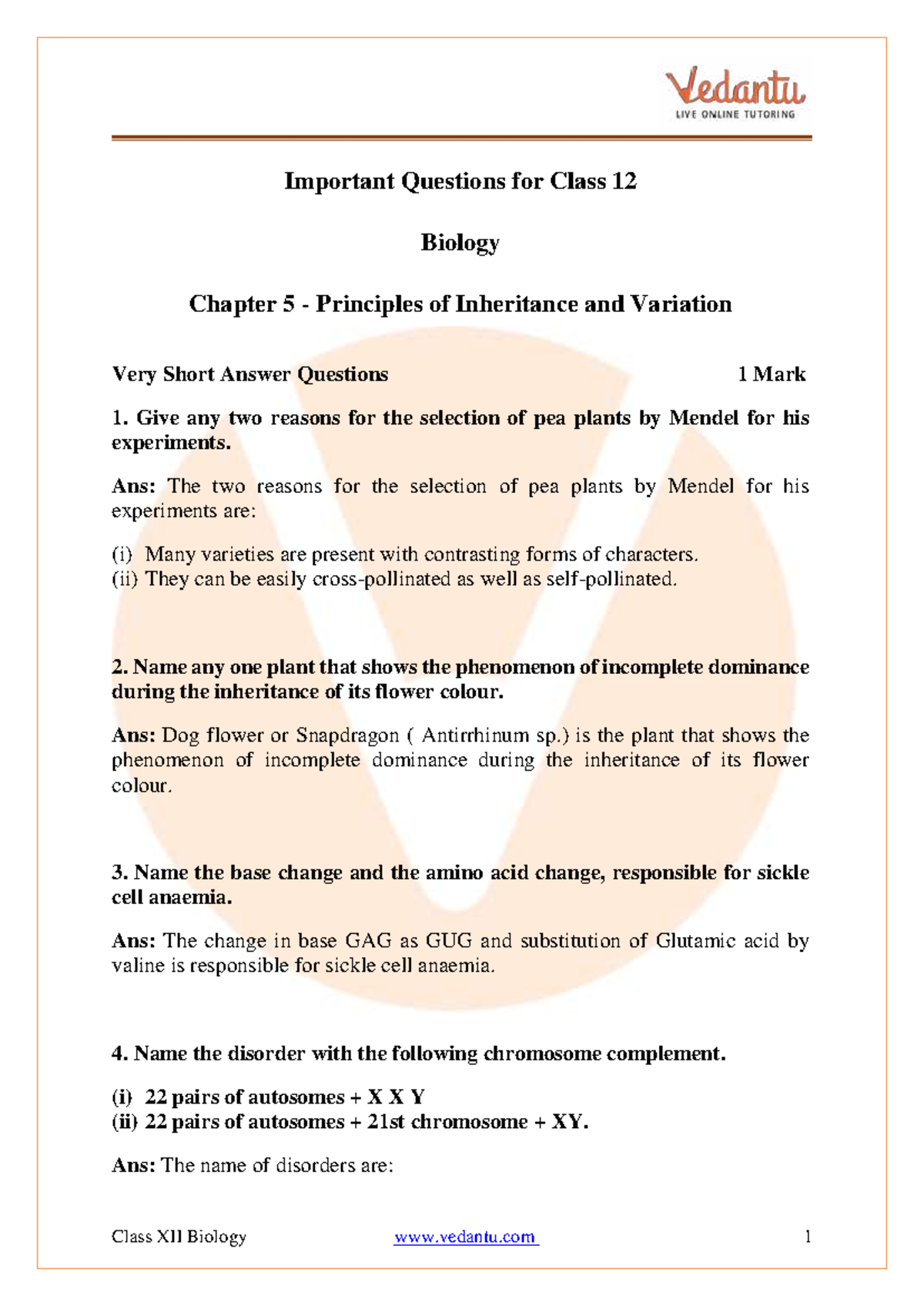 CBSE Class 12 Biology Chapter 5 - Principles of Inheritance & Variation ...