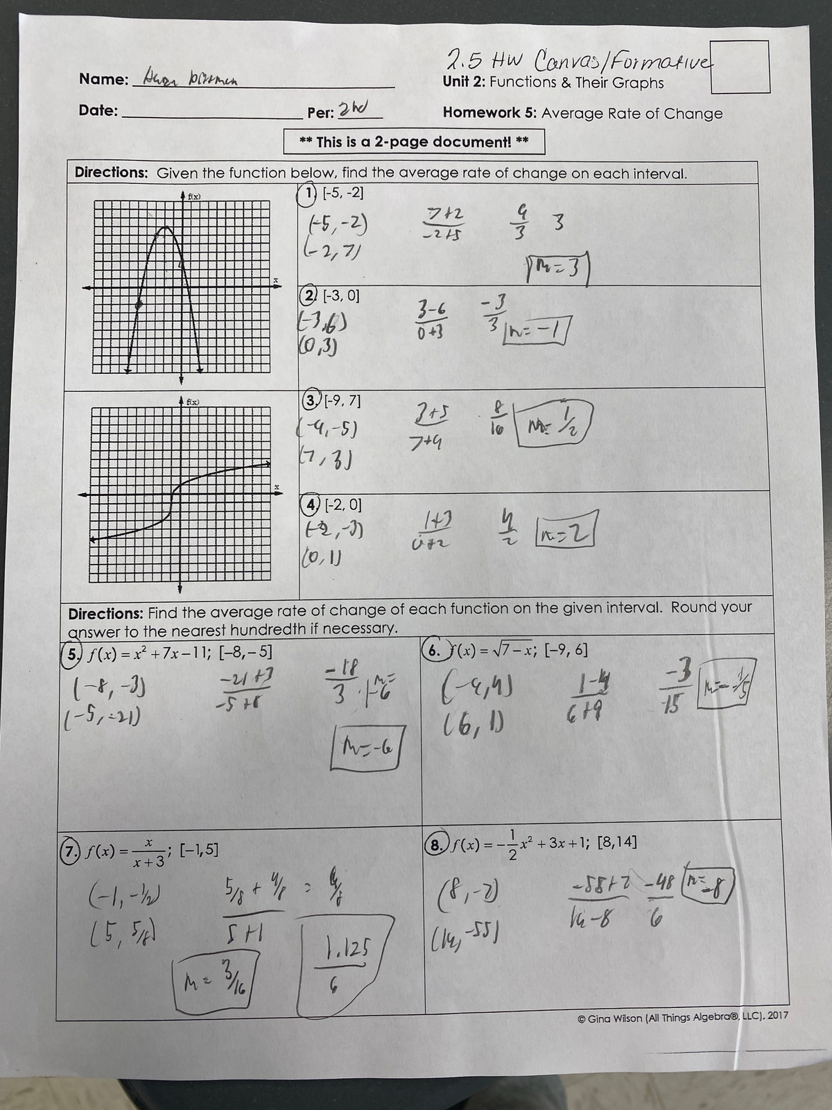 Unit 2.6 HW: Average Rate of Change of Functions and Graphs - Studocu