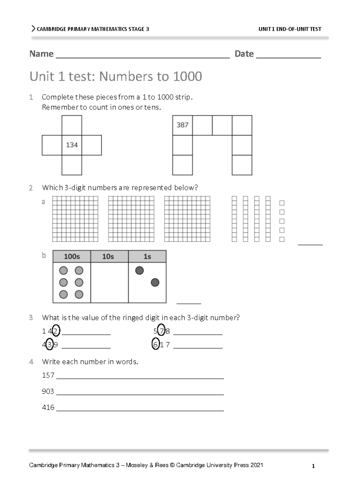 CAMBRIDGE PRIMARY MATHEMATICS STAGE 3 UNIT 1 TEST - Studocu