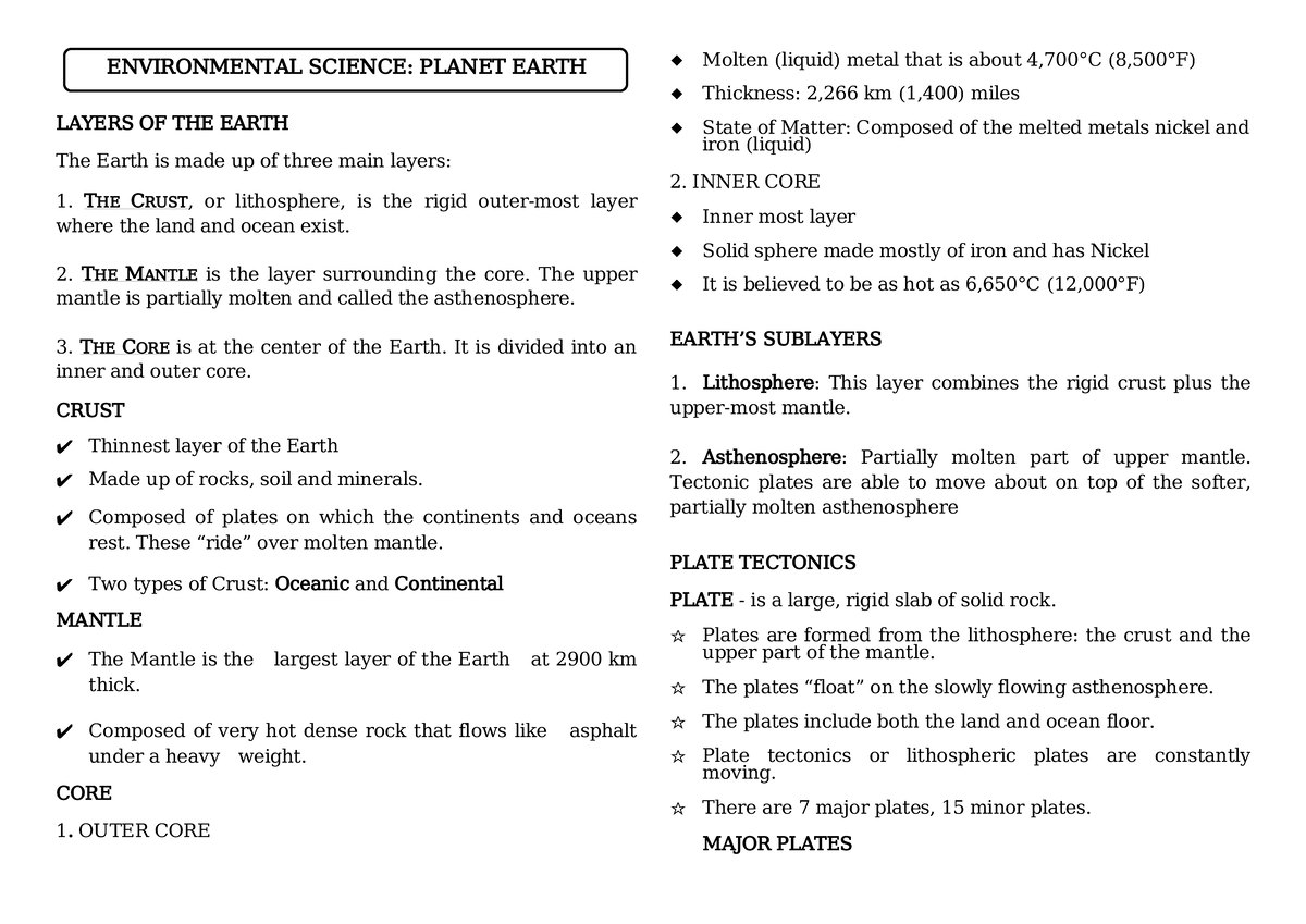 ENVIRONMENTAL SCIENCE: EARTH'S LAYERS & PLATE TECTONICS (G1) - Studocu