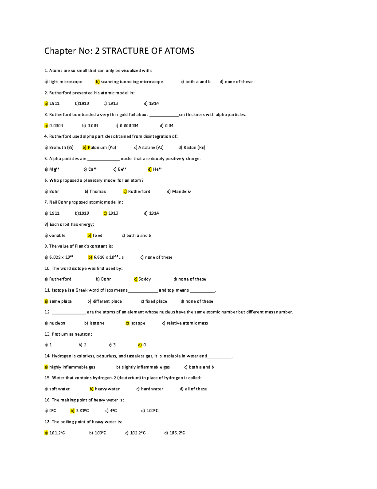 Chapter 2: Structure of Atoms - Key Concepts and Quiz Questions - Studocu