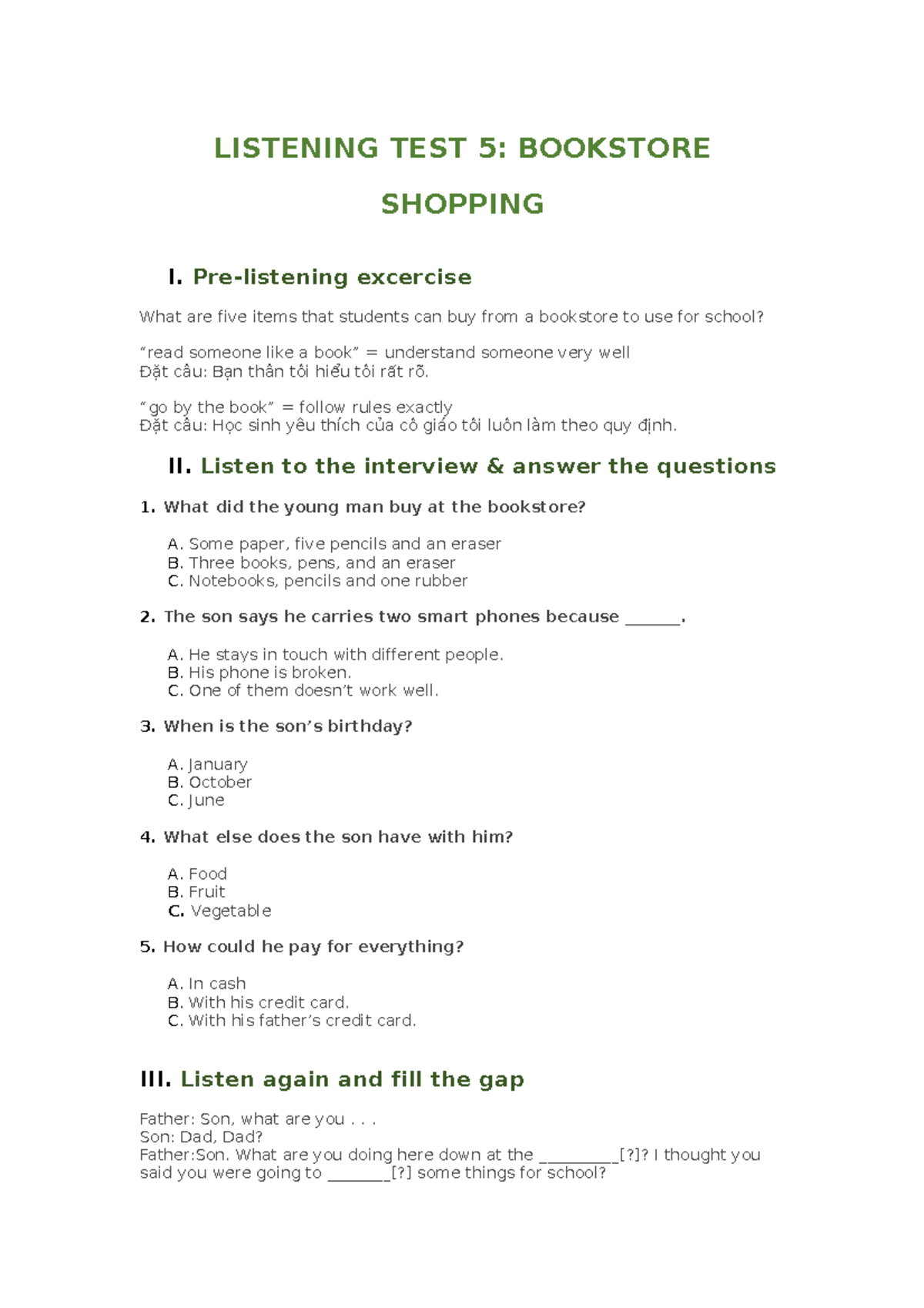 Listening Test 5: Bookstore Shopping Exercises and Answers - Studocu