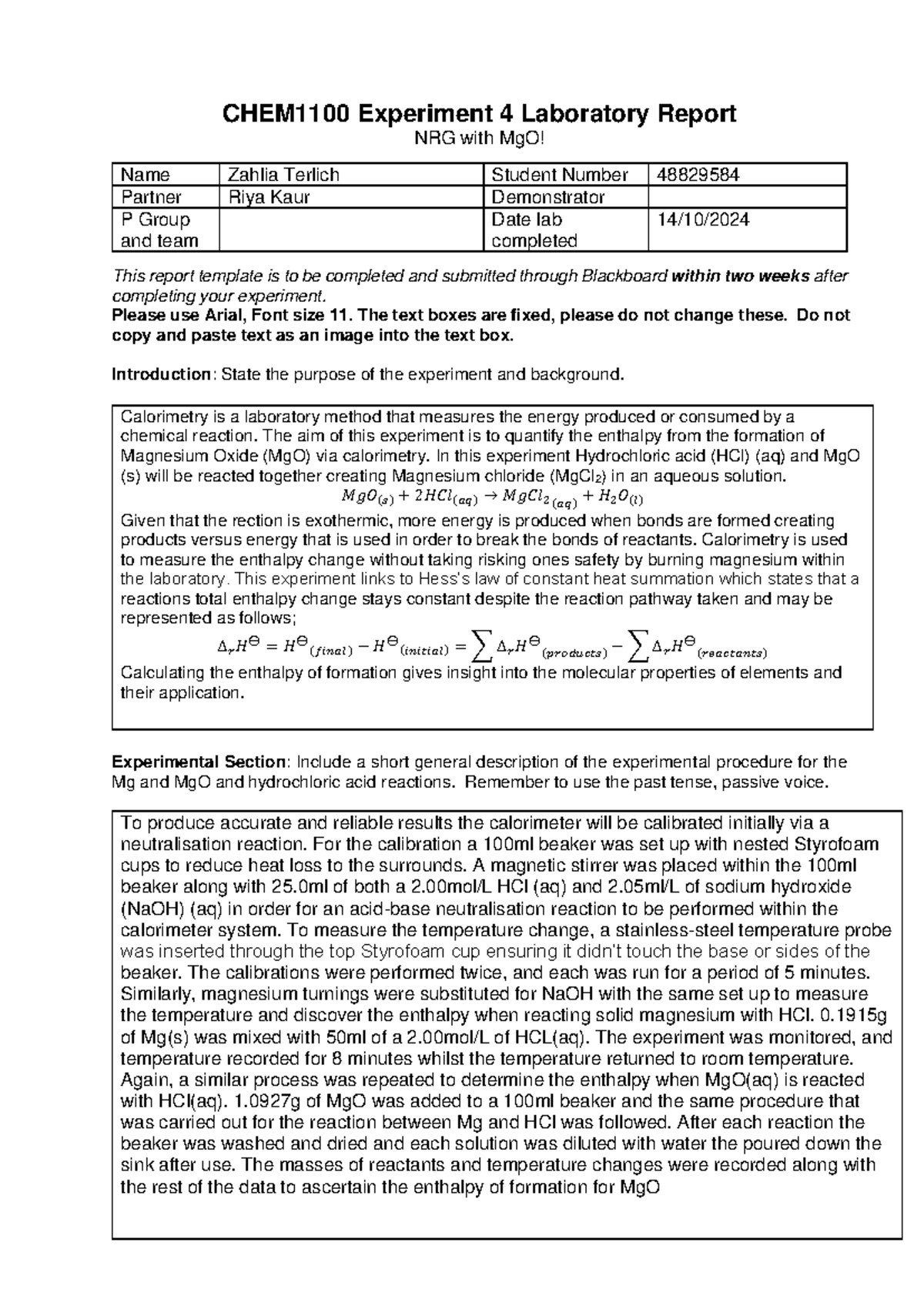 CHEM1100 Experiment 4 Lab Report: Enthalpy of MgO Formation - Studocu