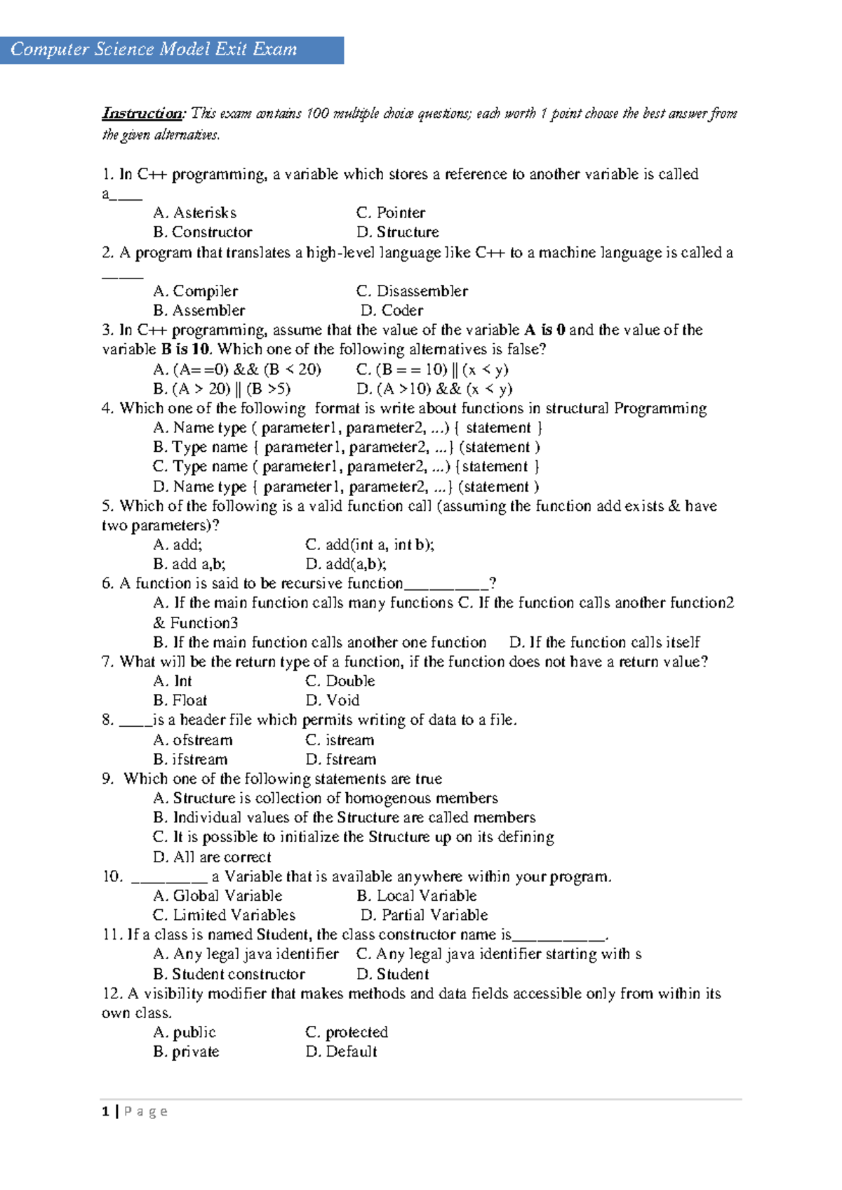 CSc 101: Model Exit Exam Study Guide for Computer Science Students ...