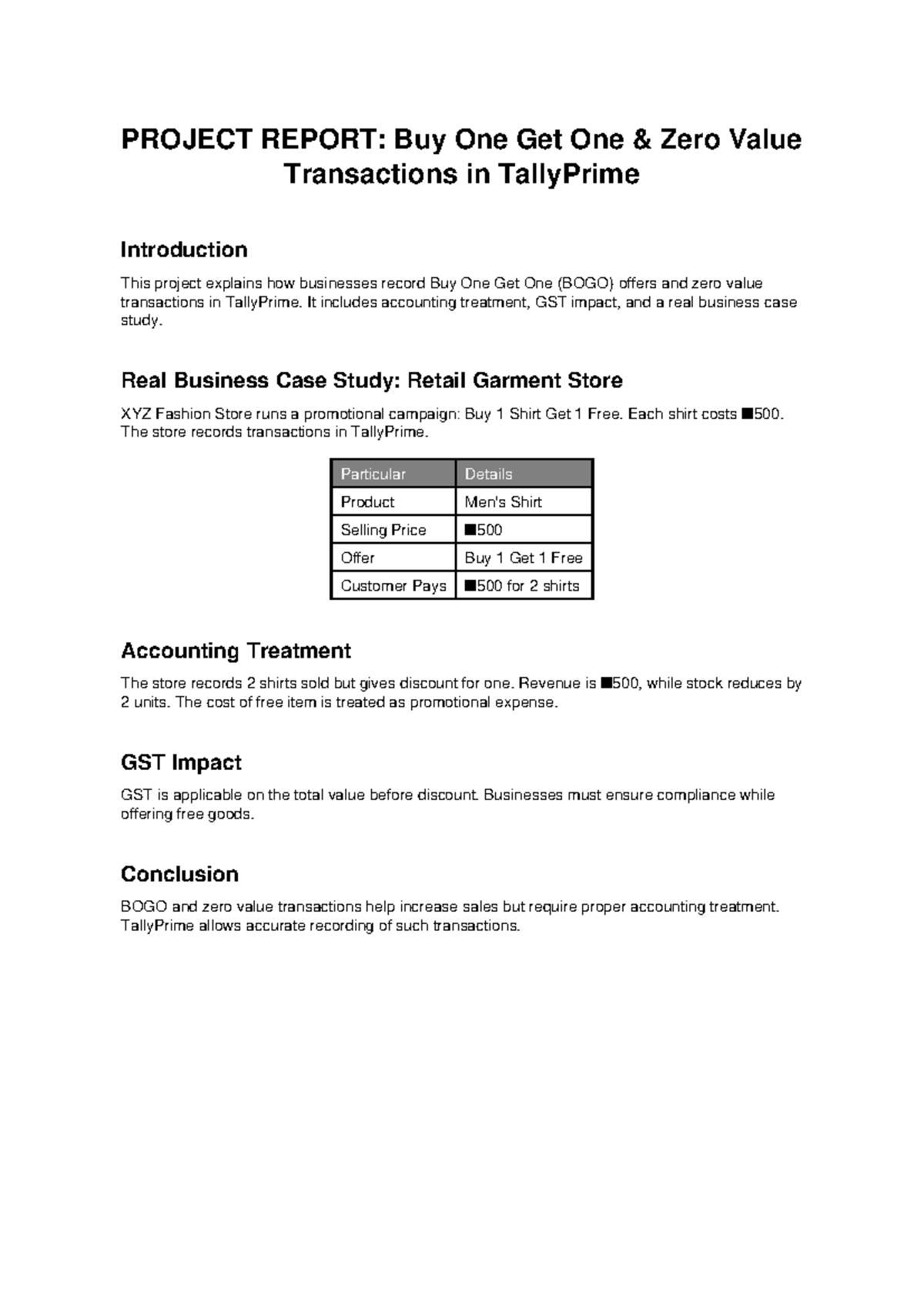 BOGO Transactions & Zero Value Accounting in TallyPrime Project Report ...
