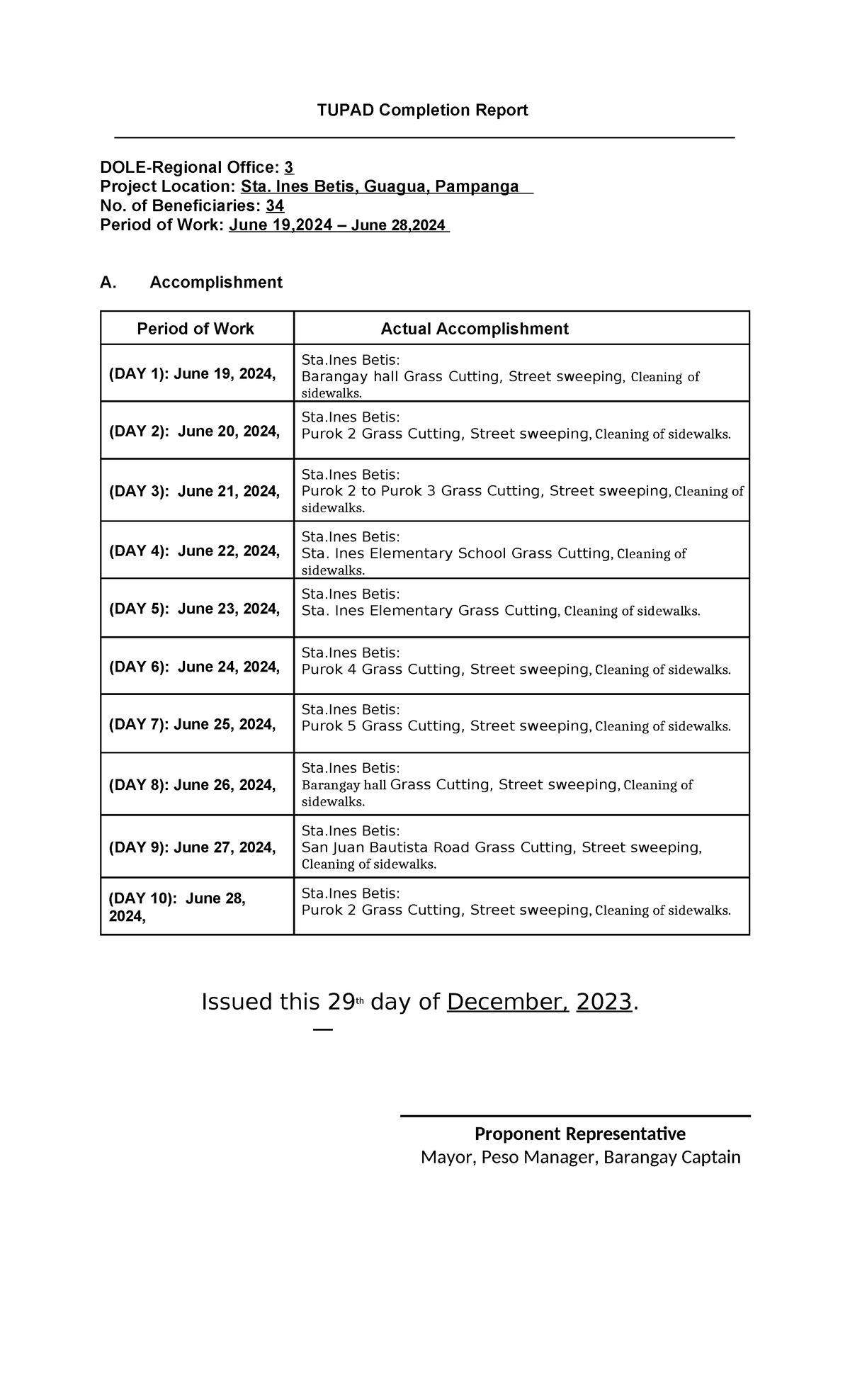 DOLE-Regional Office 3: Tupad Completion Report Summary 2023 - Studocu