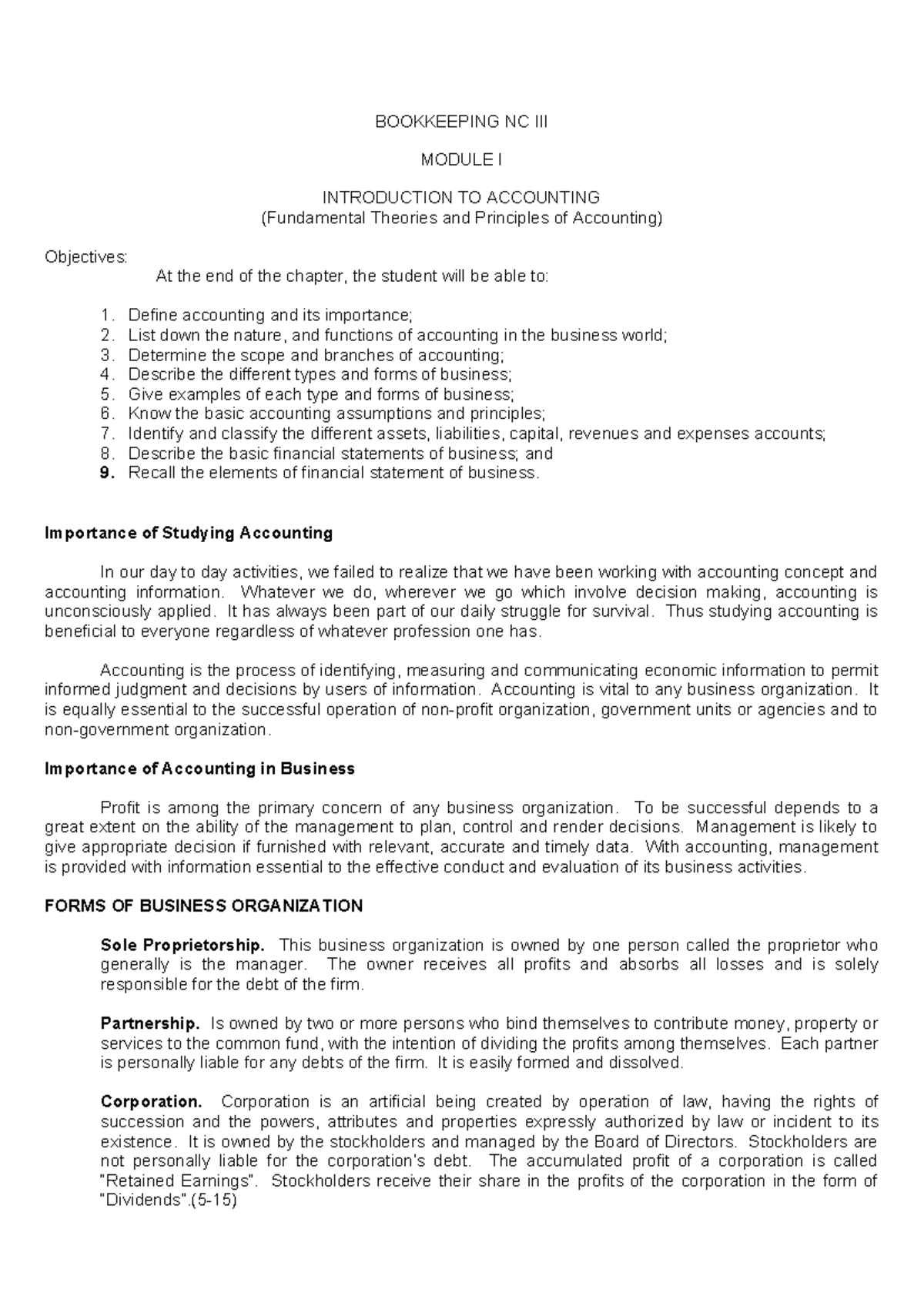 Module 1 - BOOKKEEPING NC III MODULE I INTRODUCTION TO ACCOUNTING ...