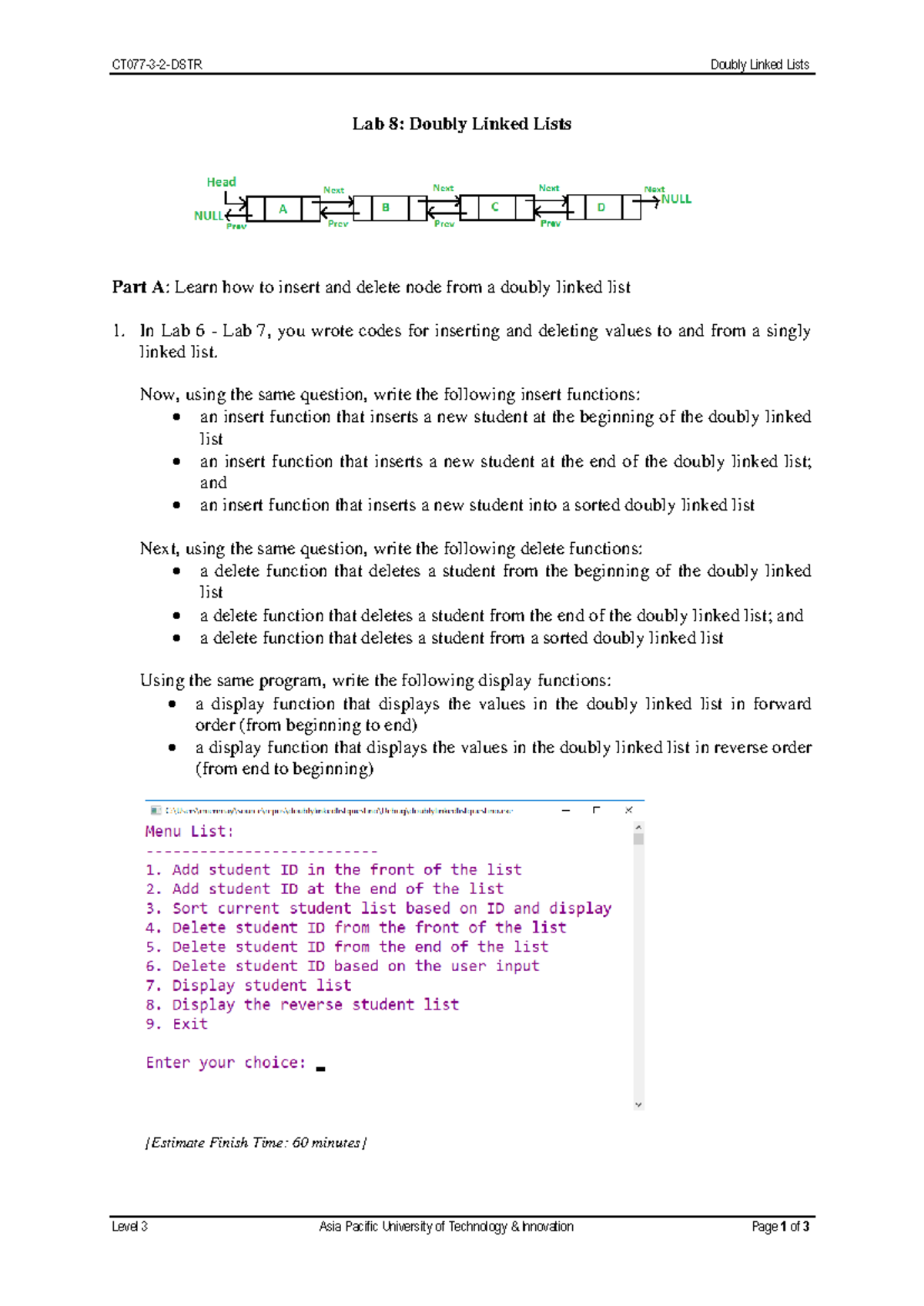 Lab 8: Doubly Linked Lists - Insertion & Deletion Functions - Studocu