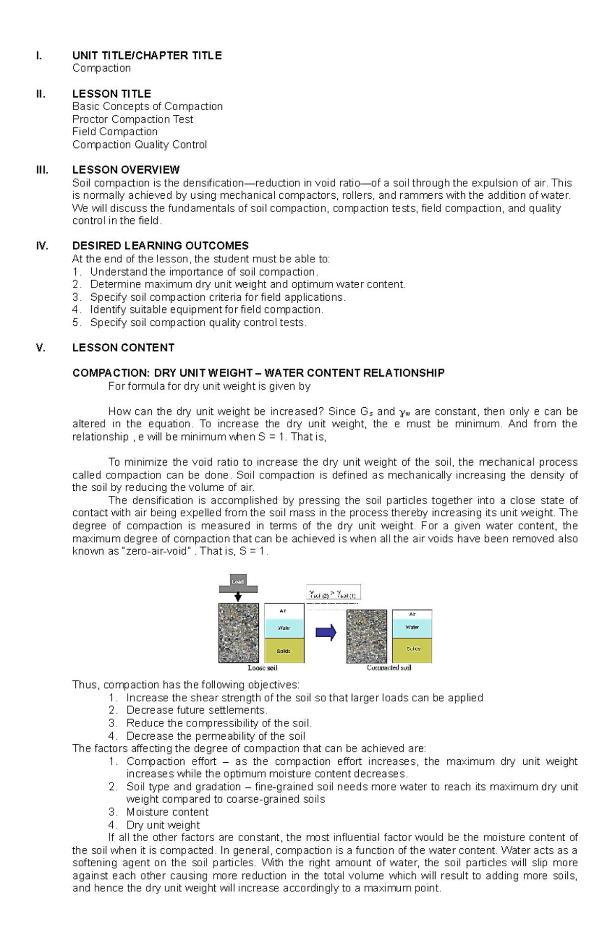 Compaction Principles: Dry Unit Weight & Water Content Relation - Studocu