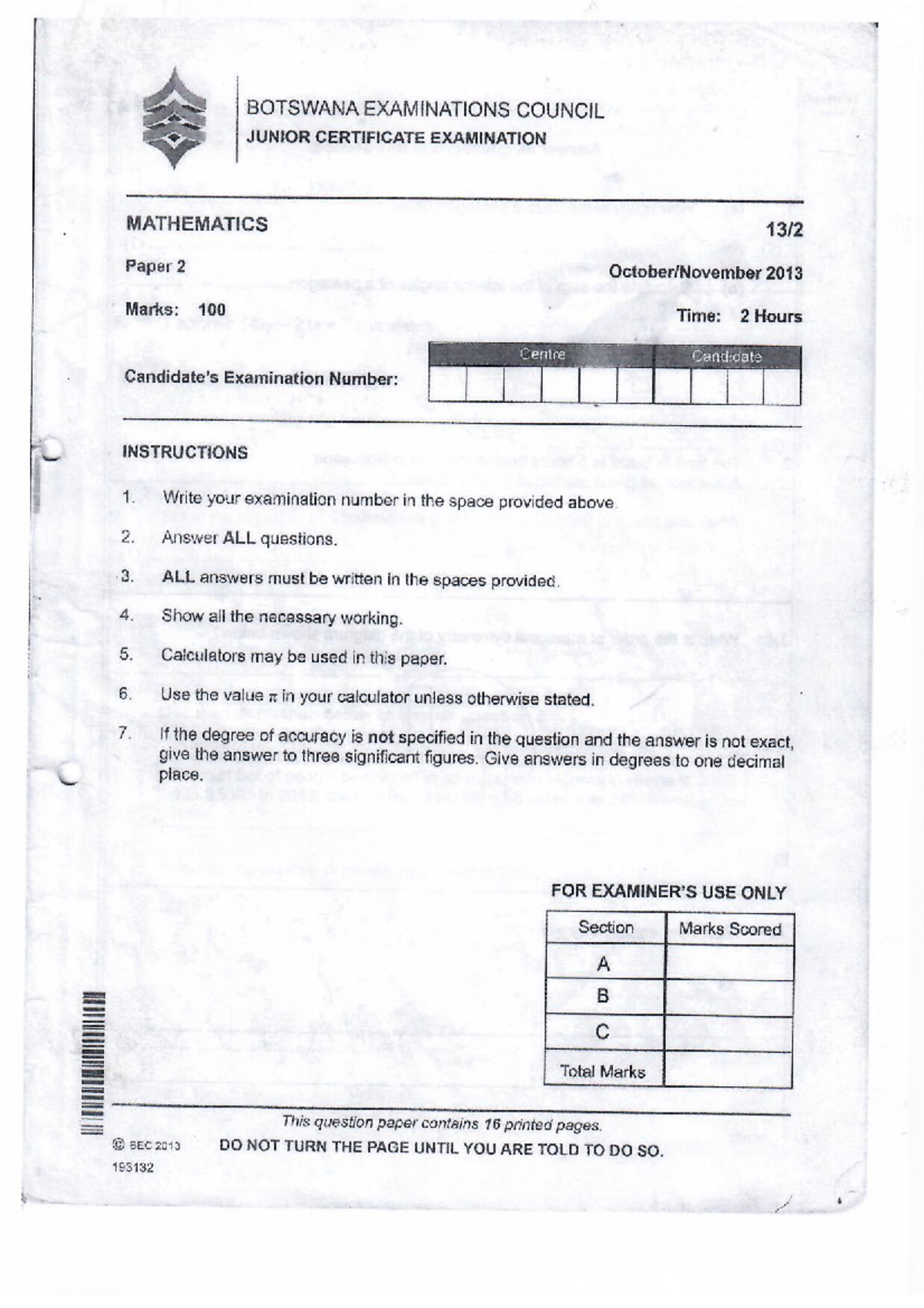 Maths JCE 2013 Paper 2 - Revision - BOTSWANA EXAMINATIONS COUNCIL ...