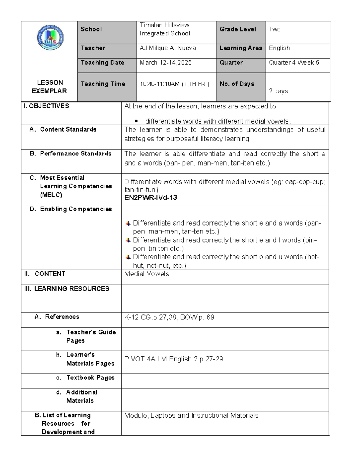 Lesson Exemplar. English Q4 W6docx - LESSON EXEMPLAR School Timalan ...