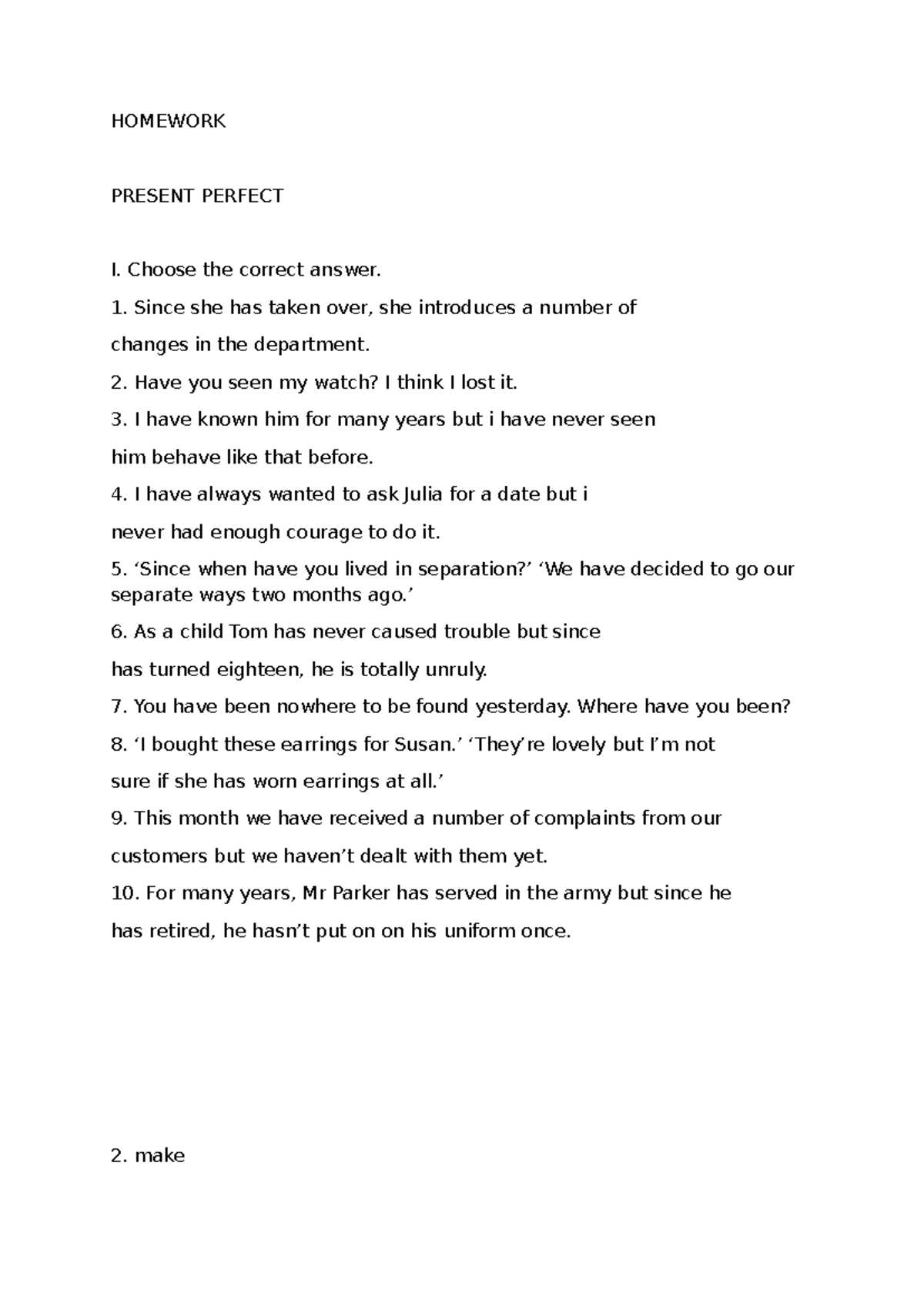 HOMEWORK: Present Perfect Tense Exercises - Studocu