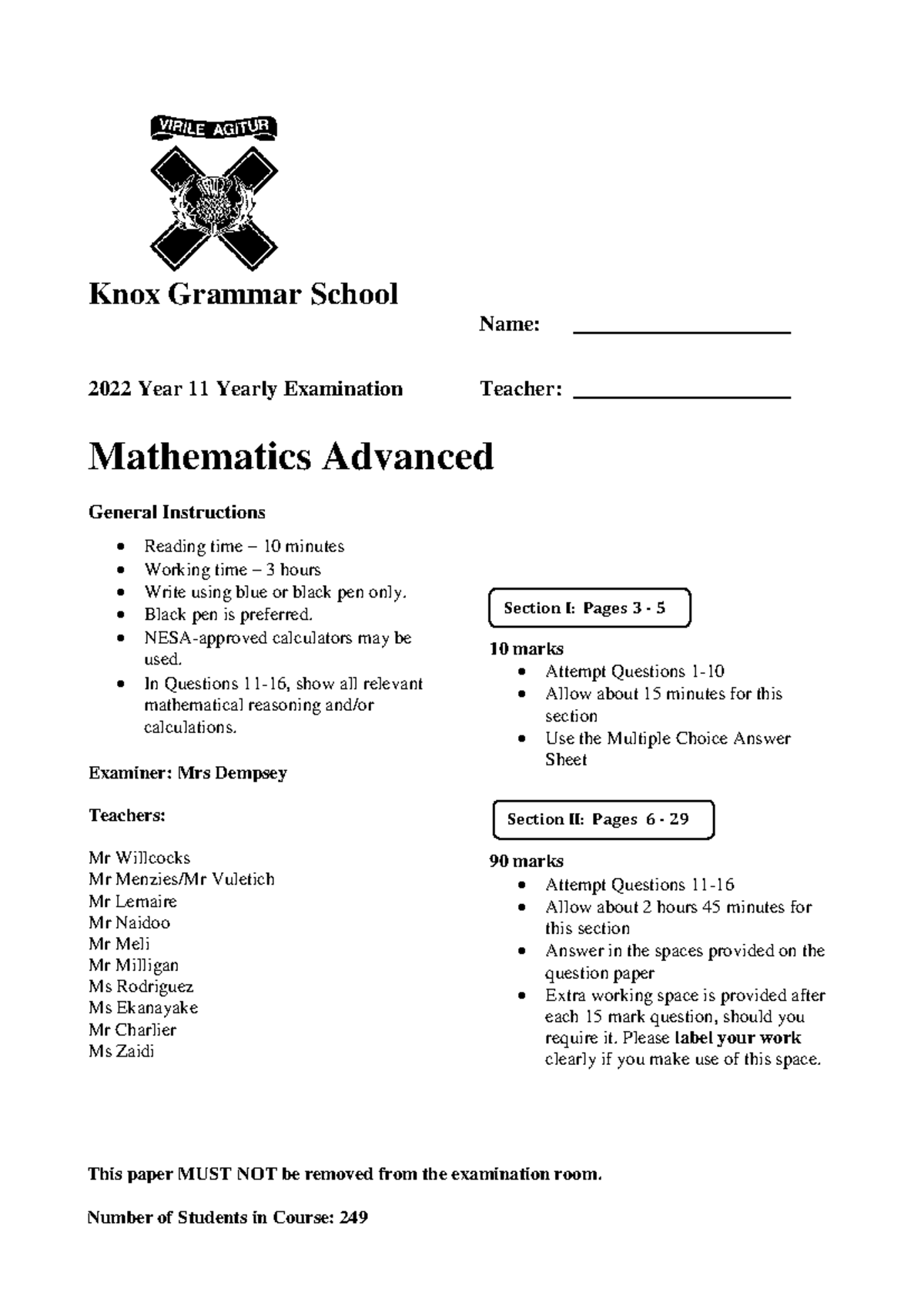 Knox Grammar School 2022 Year 11 Mathematics Advanced Yearly Exam ...