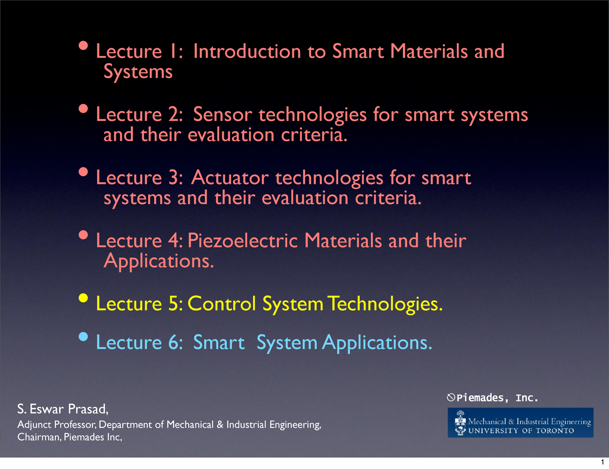 Control of Smart Systems: Lecture Series Overview (ME 101) - Studocu