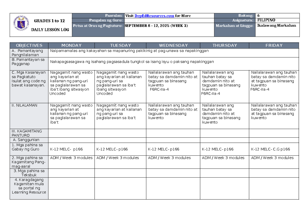 DLL Filipino 6 Q2 W3 - Daily Lesson Log Objectives - Studocu